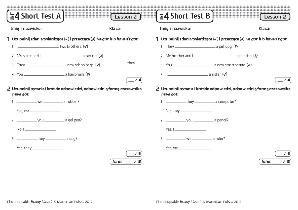 Brainy Kl4 Short Tests Unit 4 Lesson 2 Photocopiable Brainy Klasa 4