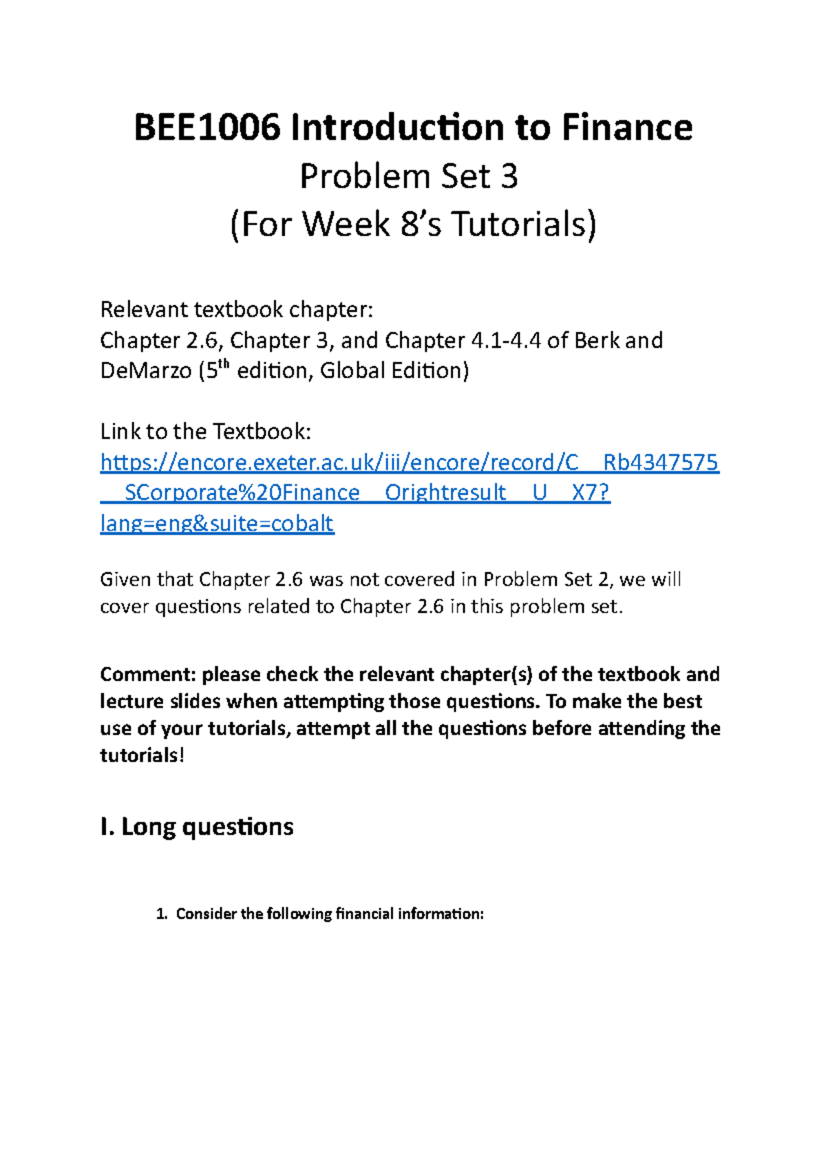 Problem Set 3 - tutorial - BEE1006 Introduction to Finance Problem Set ...