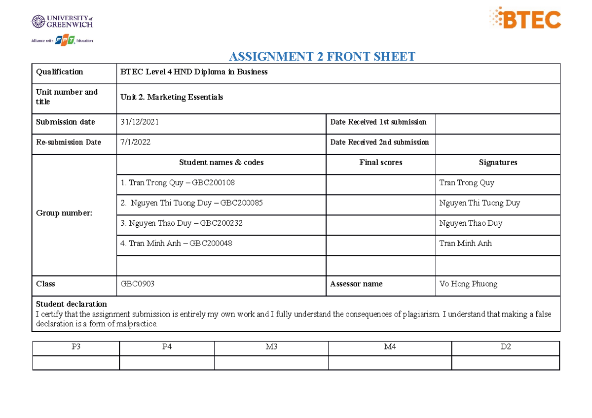 Assignment-2-486- Group 3-GBC0903 - ASSIGNMENT 2 FRONT SHEET Qualification BTEC Level 4 HND ...