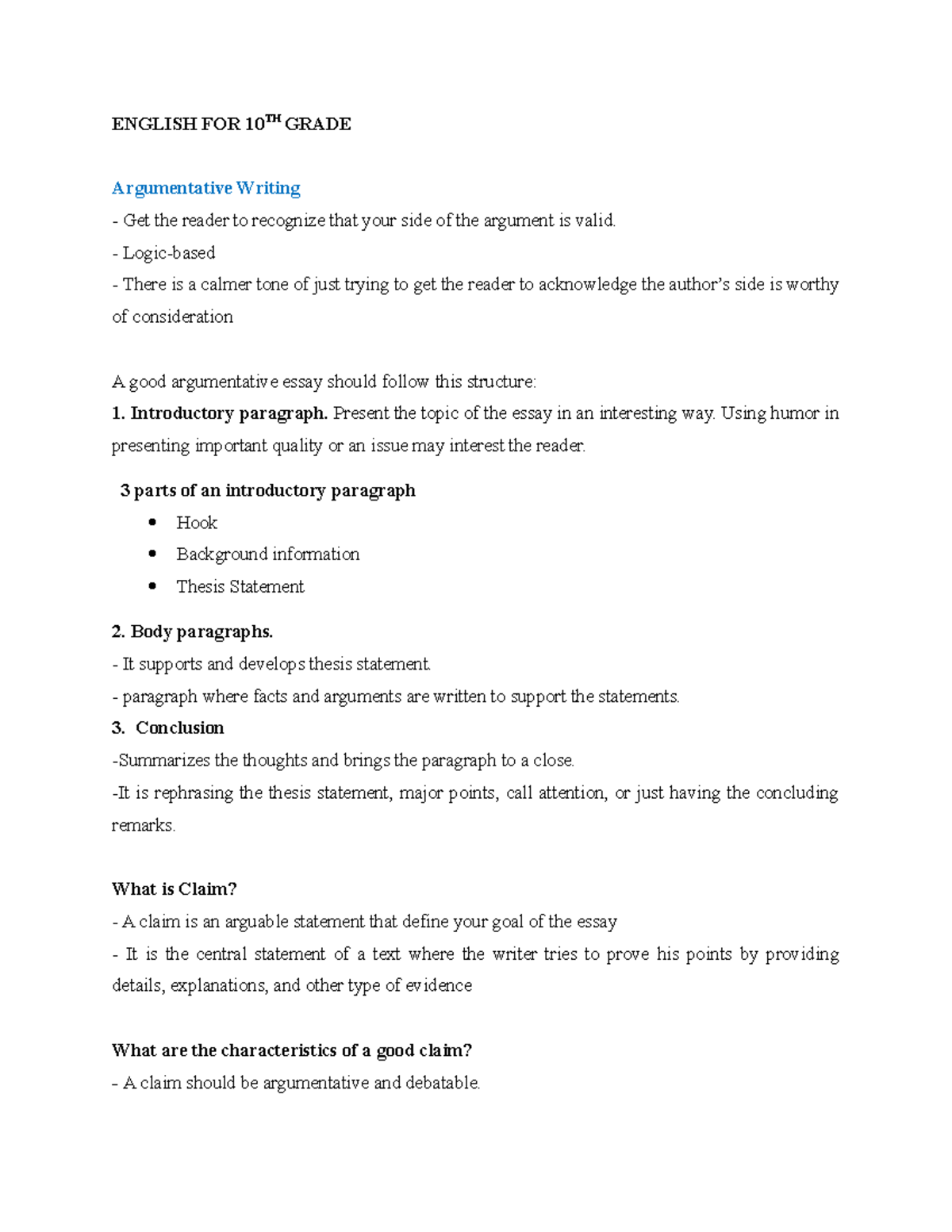 Argumentative Writing - ENGLISH FOR 10TH GRADE Argumentative Writing ...