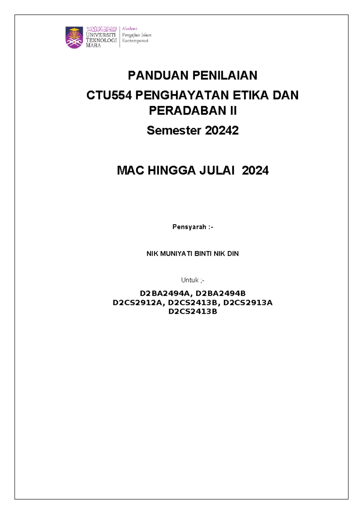 CTU554 Panduan Penilaian 20242 (1) - PANDUAN PENILAIAN CTU554 ...