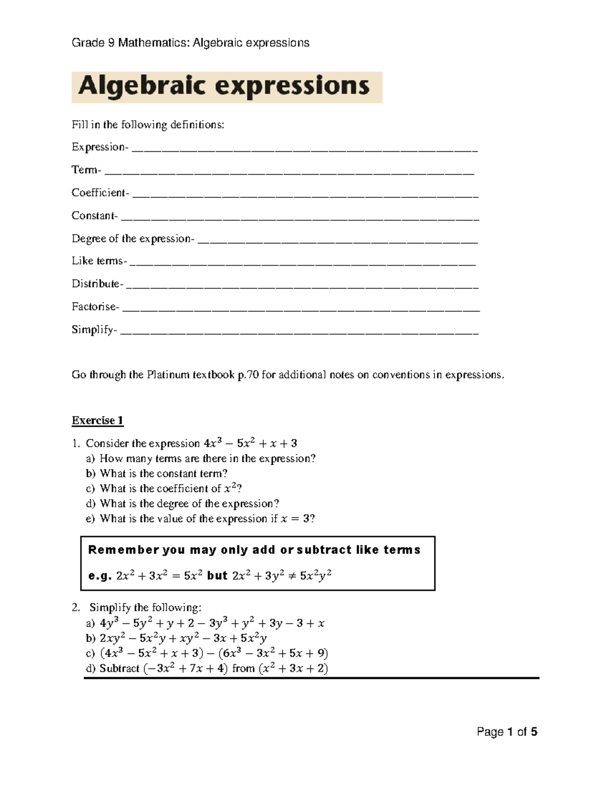 Mathematics grade 9 to complete algebraic expressions - Fill in the following definitions: - Studocu