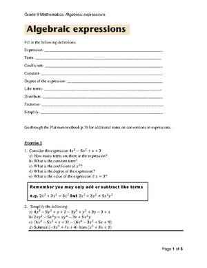 Lesson Plan Gr.9 Mathematics Term 2 Week 2,3,4,5 Algebraic Expressions ...