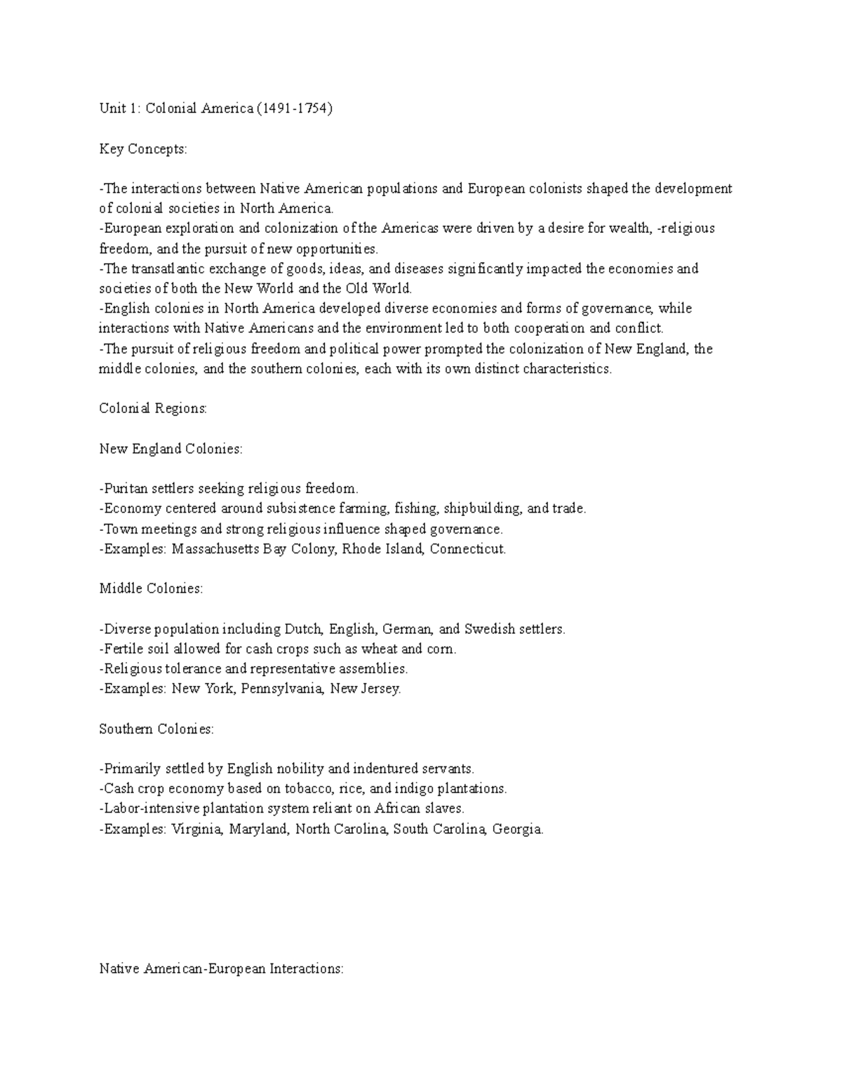 Apush U1 - Unit 1: Colonial America (1491-1754) Key Concepts: -The ...