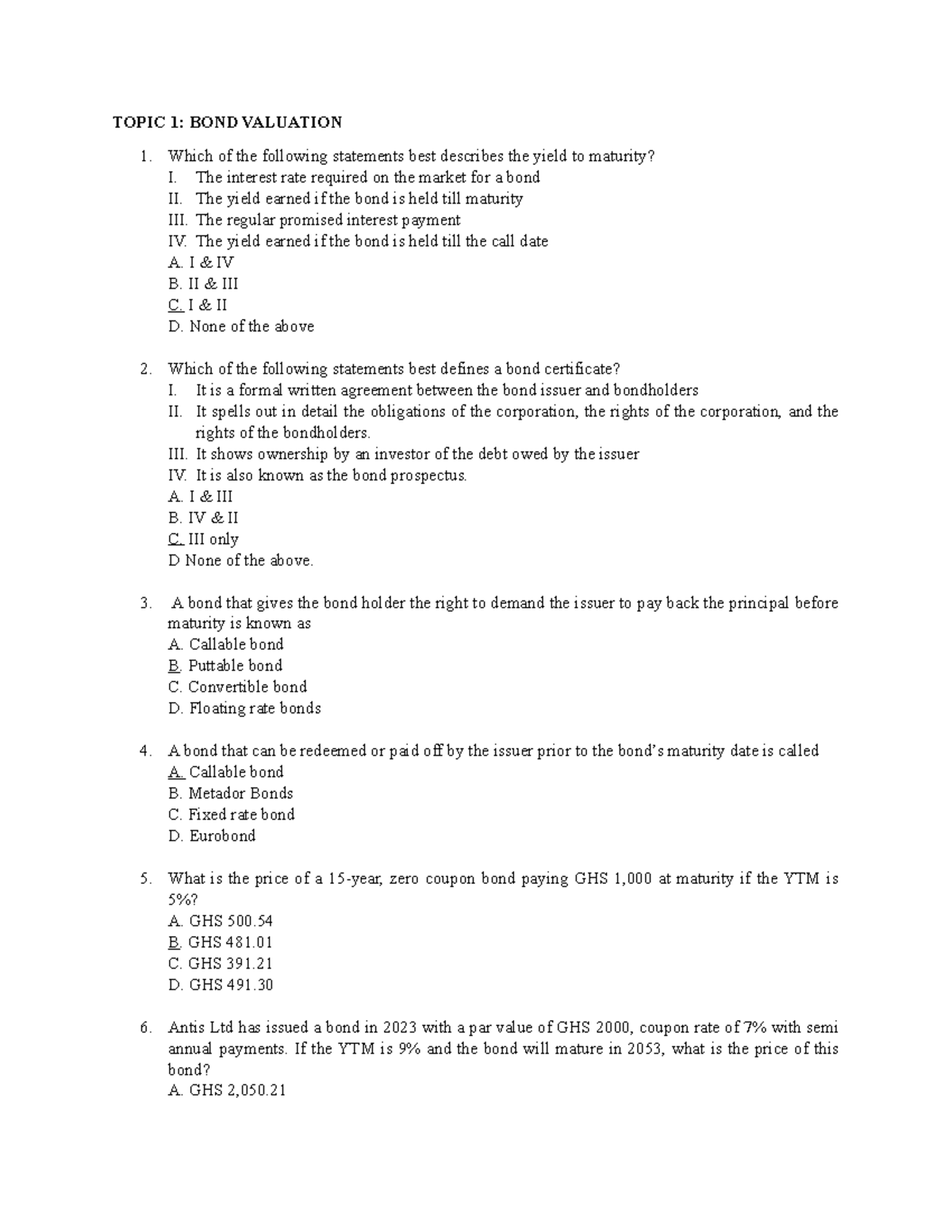 FINC 302 IA - Interim Assessment Questions - TOPIC 1: BOND VALUATION ...