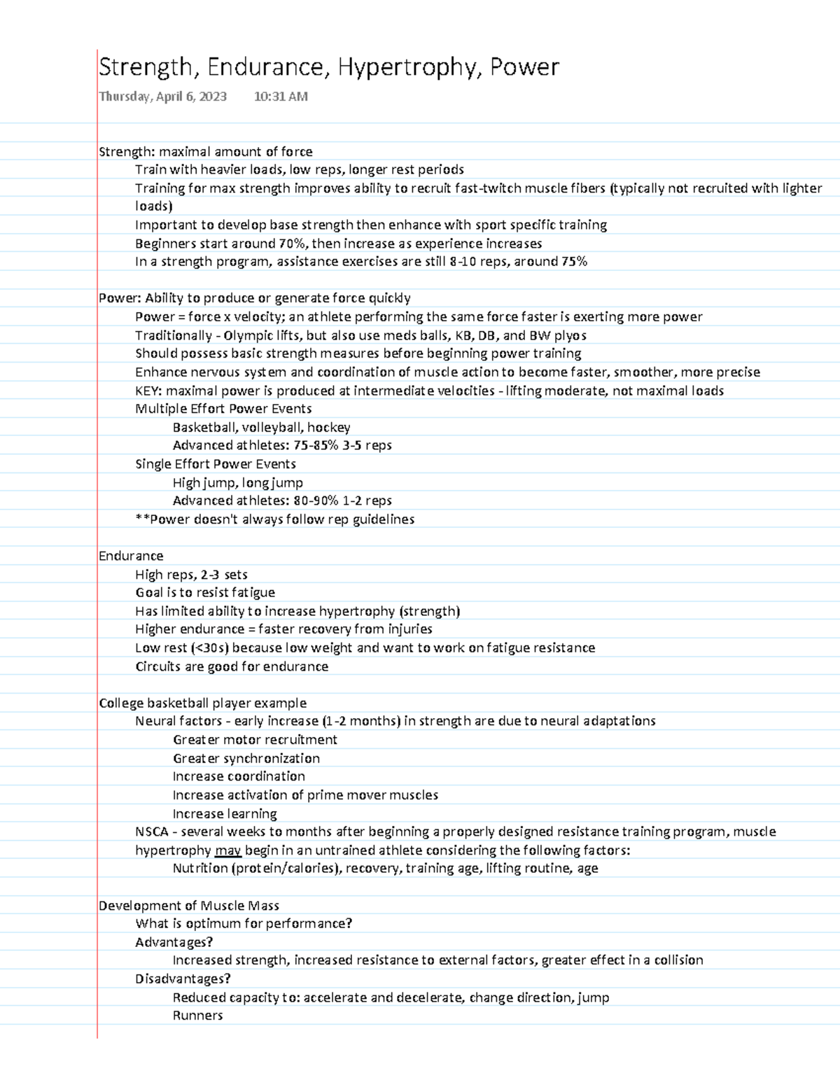 Strength, Endurance, Hypertrophy, and Power Notes - Strength: maximal ...