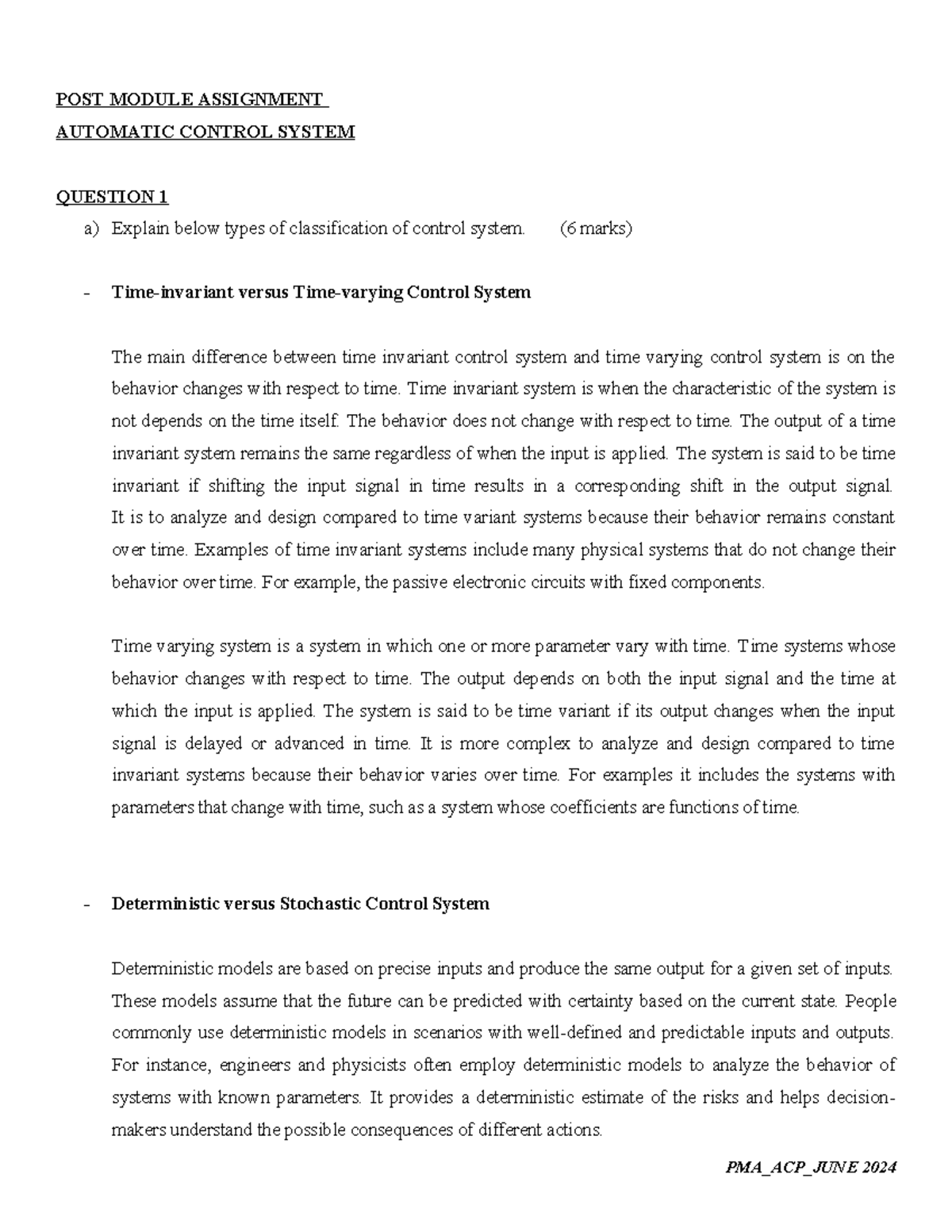 PMA Automatic Control Principle June 2024 - POST MODULE ASSIGNMENT AUTOMATIC CONTROL SYSTEM ...
