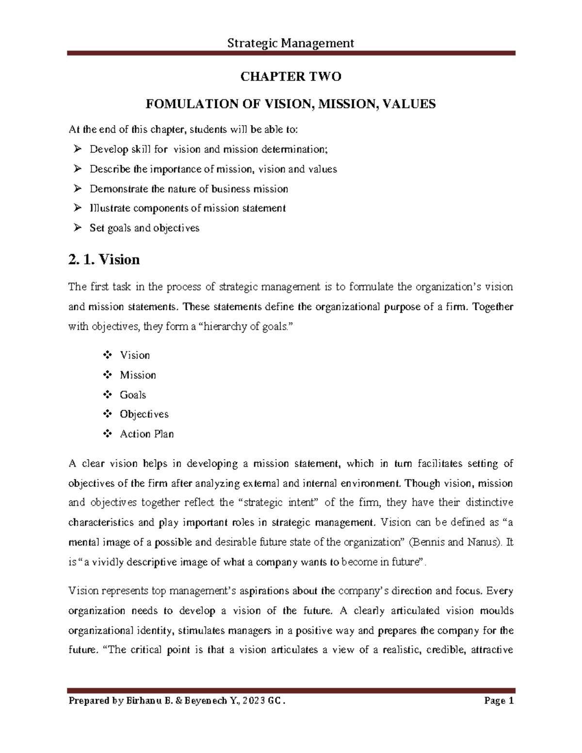 Chapter TWO- Business Vision, Mission, Values - CHAPTER TWO FOMULATION ...