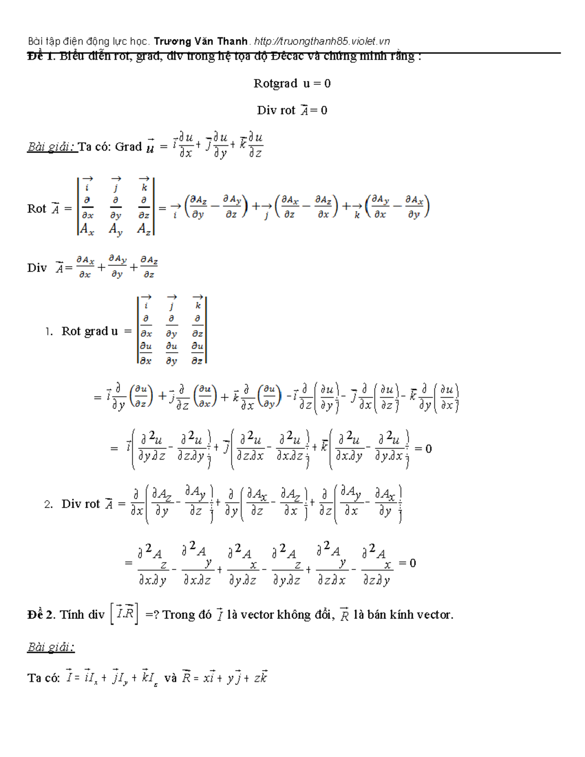 04. Bai tap dien dong luc hoc - Trương Văn Thanh - Đề 1. Biêu diên rot, grad, div trong hệ toa ...