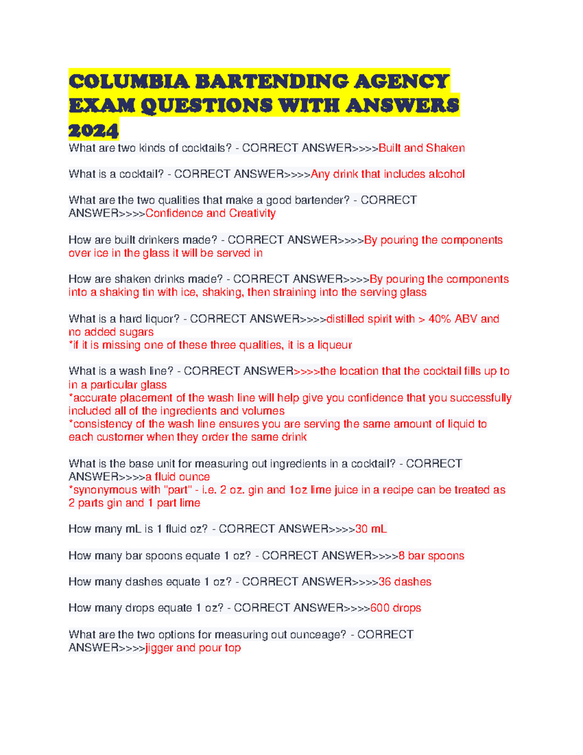Columbia Bartending Agency EXAM Questions WITH Answers 2024 - COLUMBIA ...