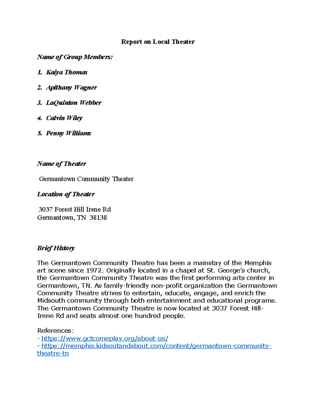 Report On Local Theater-Grp4-Germantown Community Theater - Report on ...