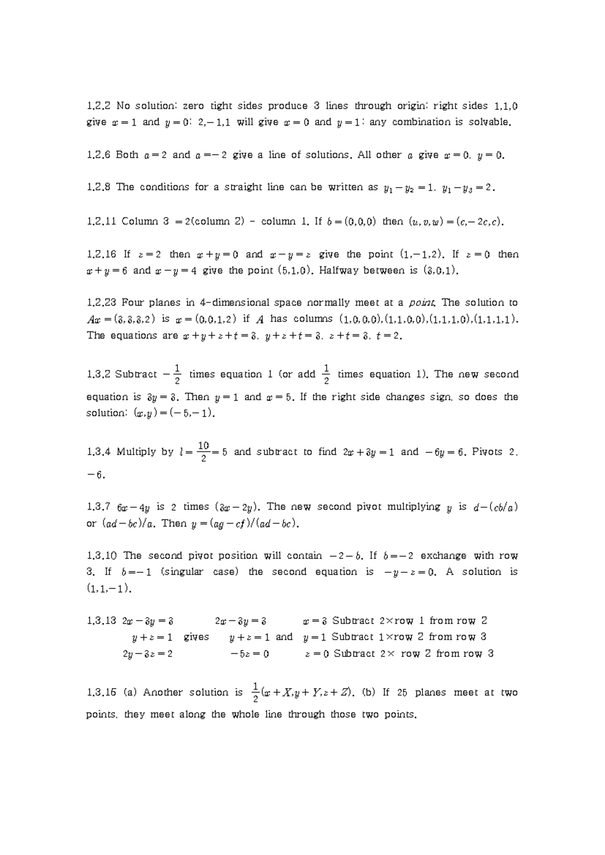 Linear Algebra and Its Applicaionts 4E part1 - 1.2 No solution; zero tight sides produce 3 lines ...