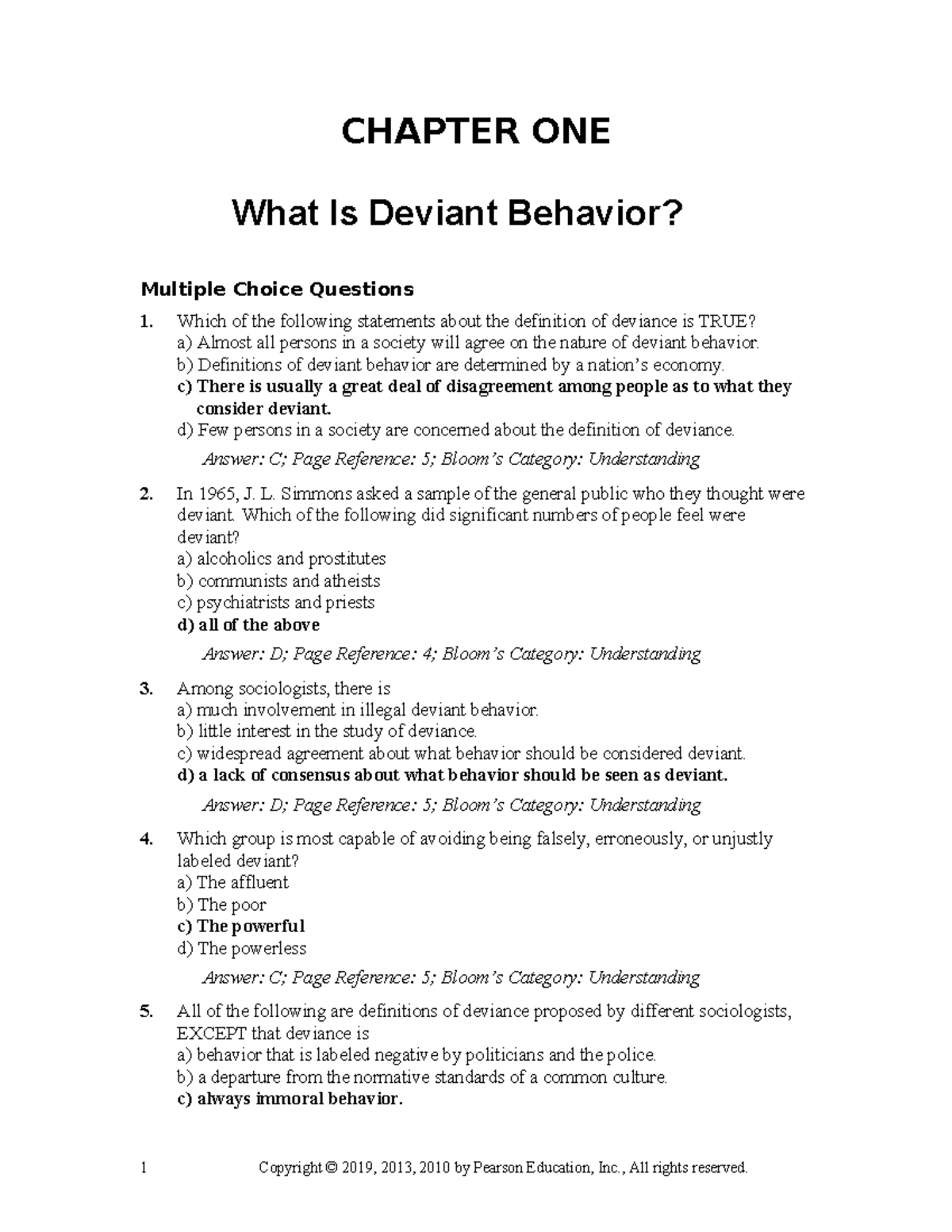Thio TB Ch1 - Quiz - CHAPTER ONE What Is Deviant Behavior? Multiple Choice Questions Which of ...