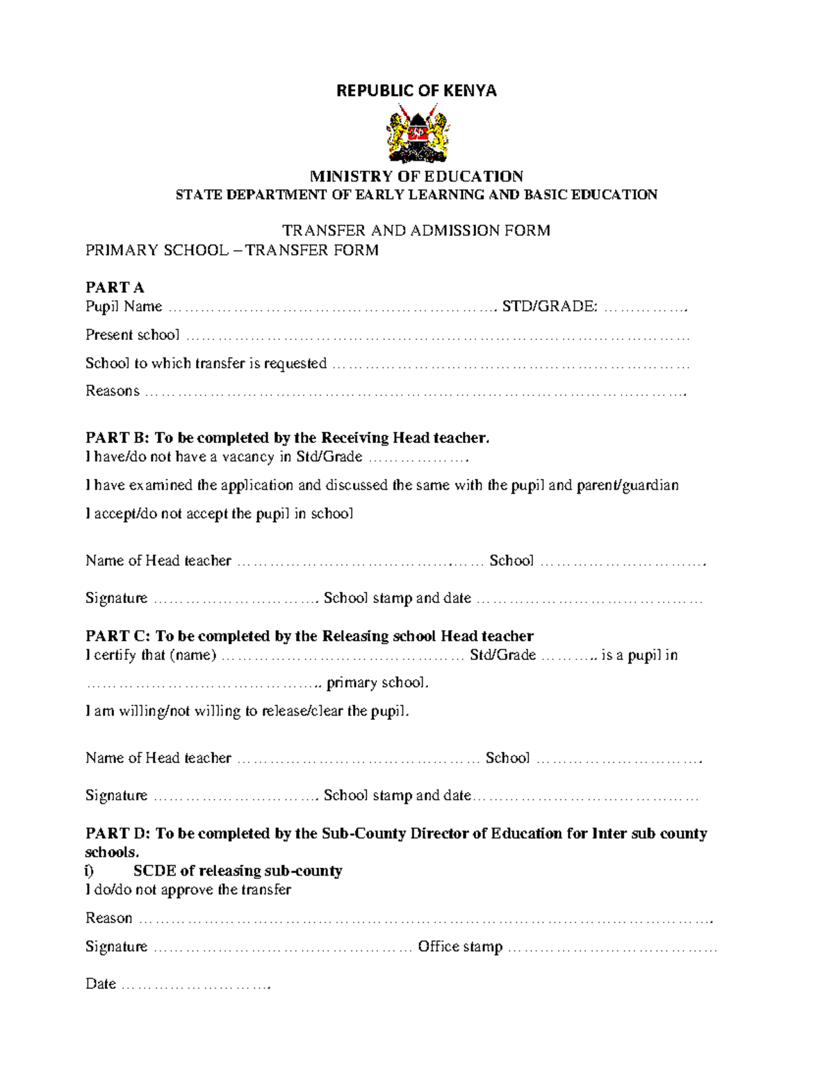 622906152 Transfer Admission Form Primary - REPUBLIC OF KENYA MINISTRY ...