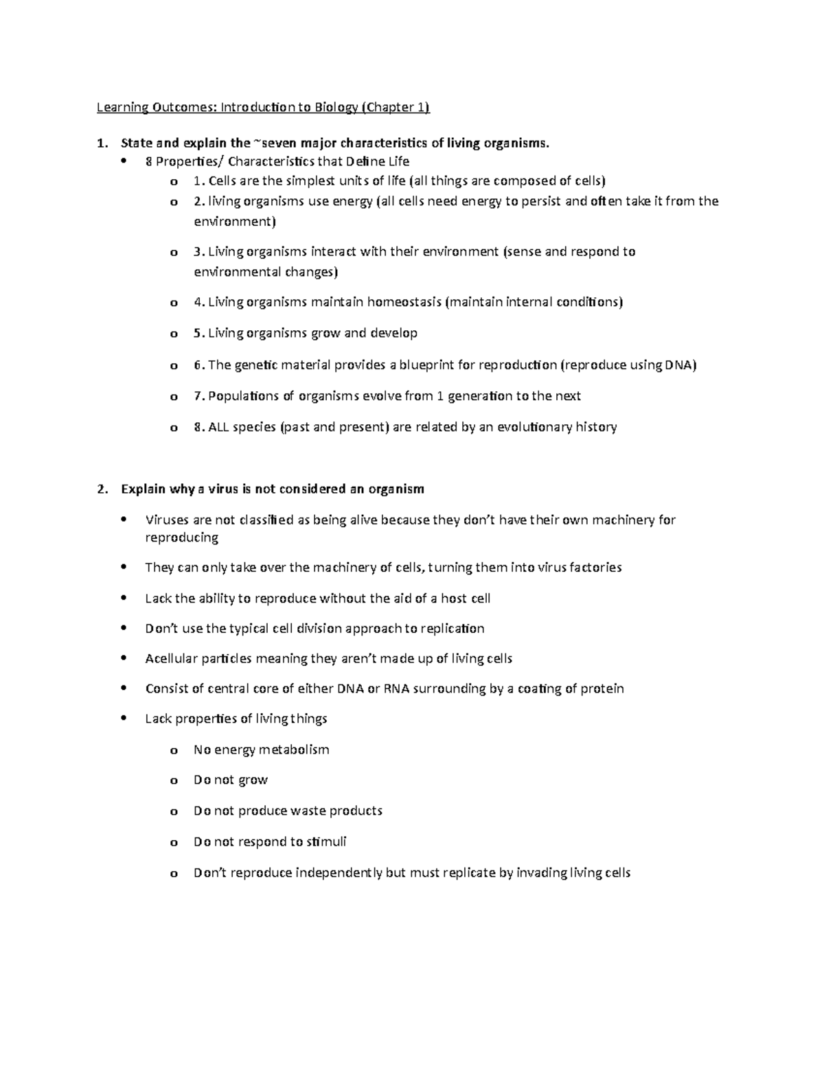 Biology 2051 Learning Outcomes Chapter 1 - Learning Outcomes ...