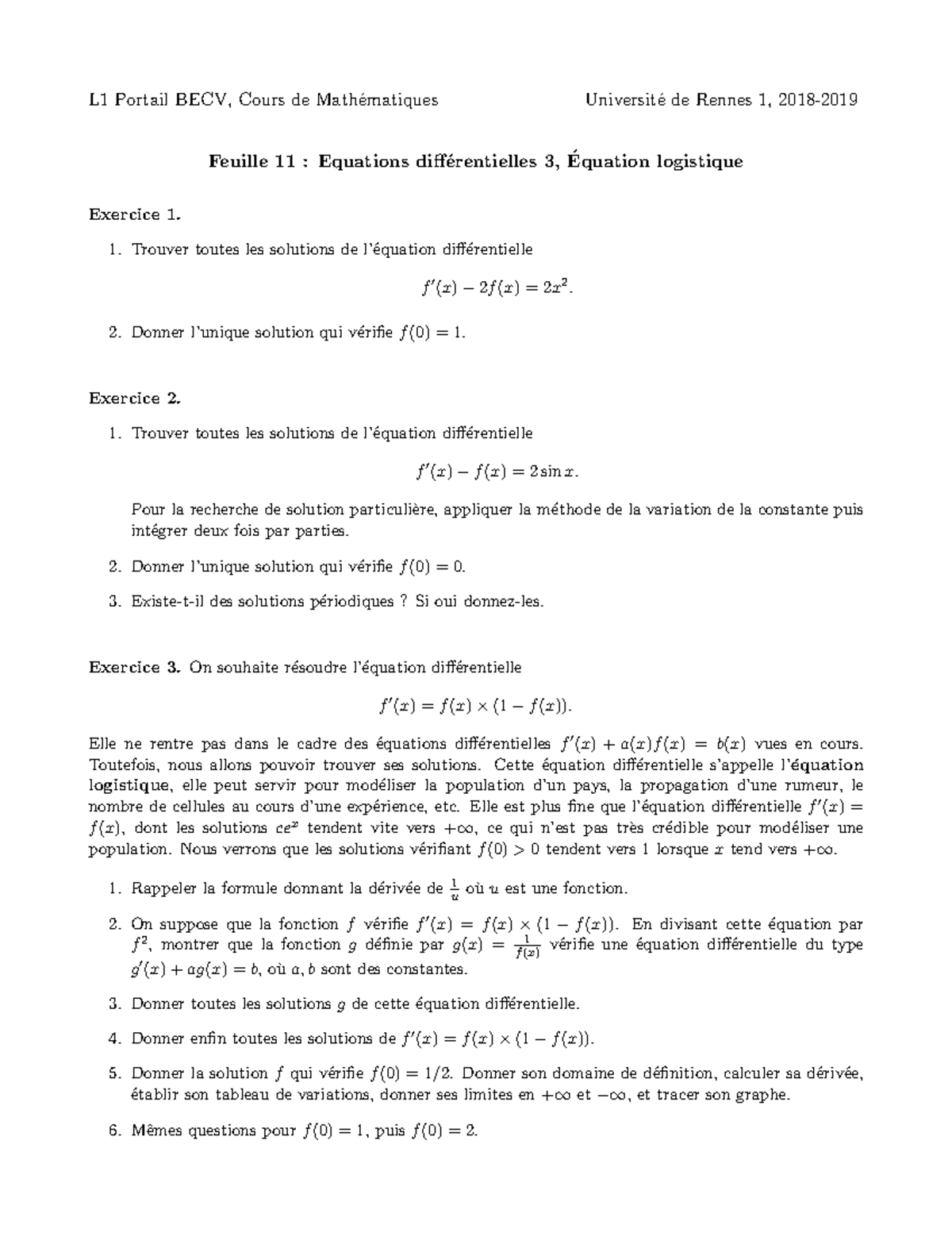 Equations diﬀérentielles 3, Equation logistique - 1. Trouver toutes les ...