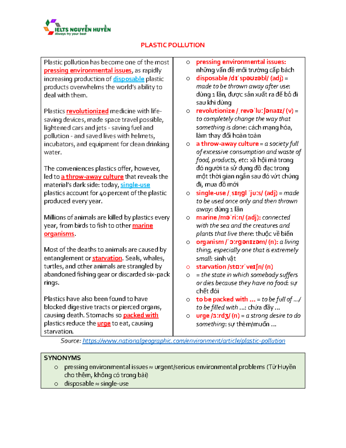 DAY 4 Plastic Pollution ielts nguyenhuyen - PLASTIC POLLUTION Plastic ...
