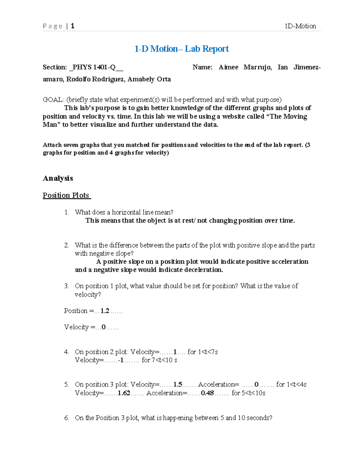 01 1D Motion Labreport Spring 2024 online - 1-D Motion– Lab Report Section: PHYS 1401-Q_ Name ...