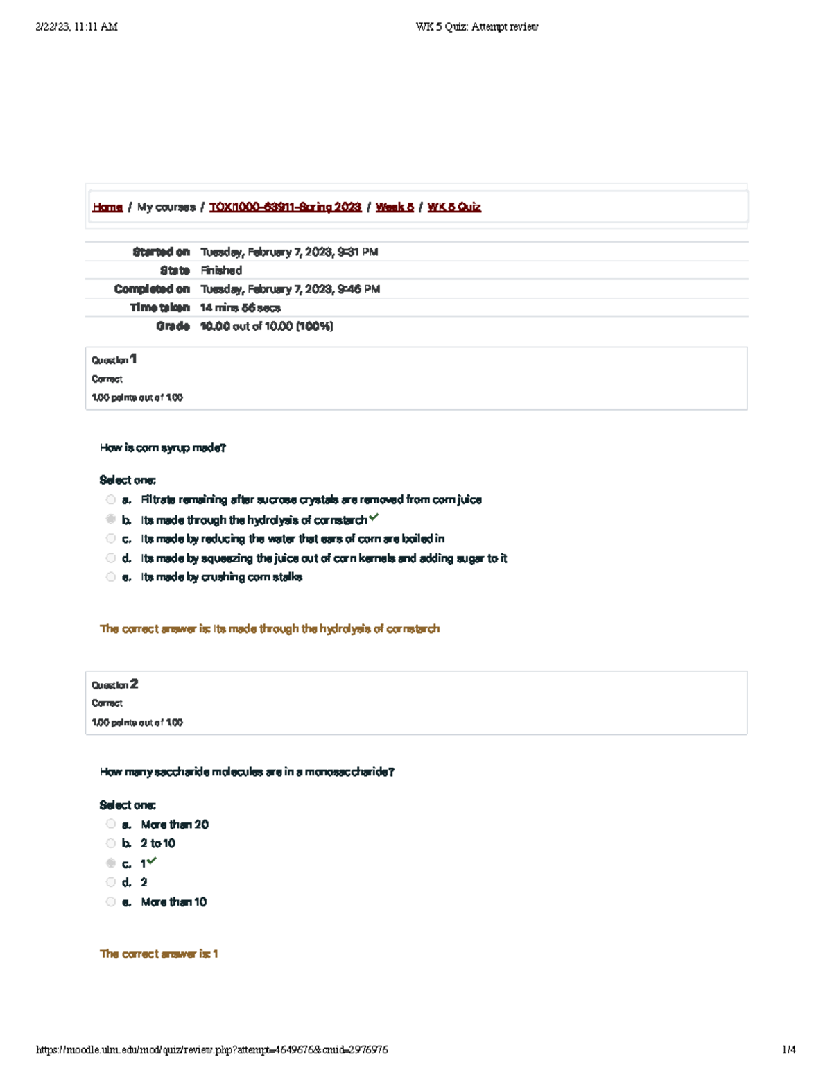 WK 5 Quiz Attempt review - Home / My courses / TOXI1000-63911-Spring ...