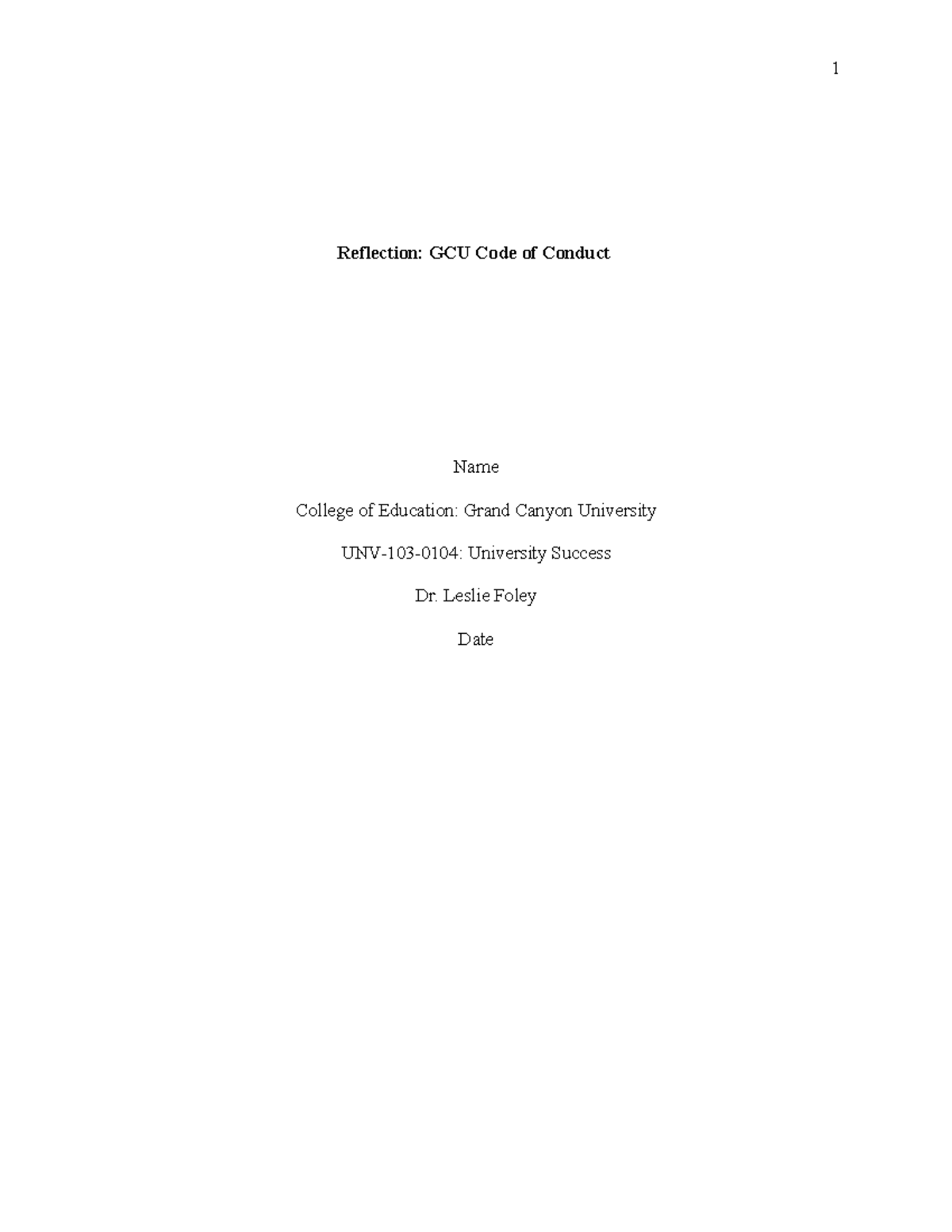 Code of Conduct template - Reflection: GCU Code of Conduct Name College ...