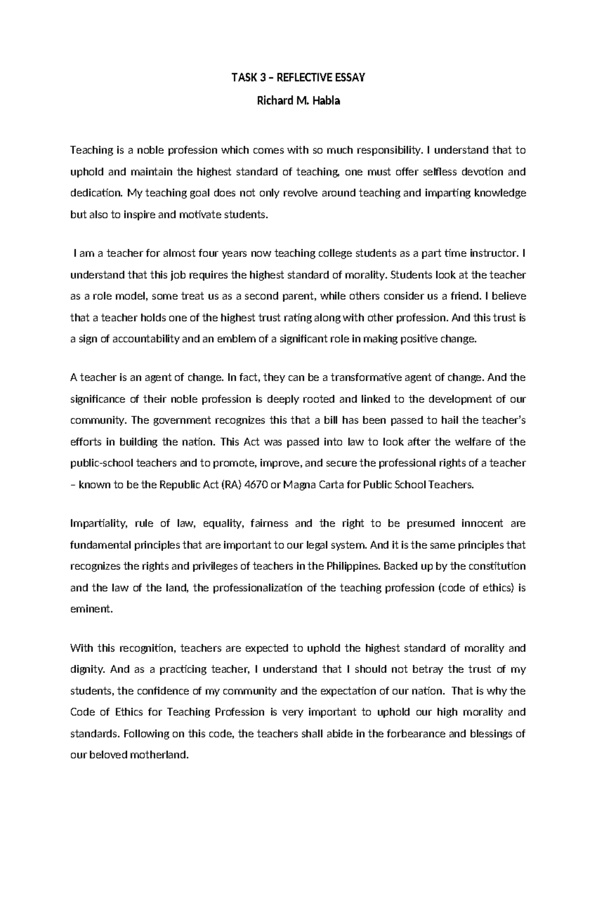 TASK 3 - Richard M. Habla (Teaching Profession) - TASK 3 – REFLECTIVE ...