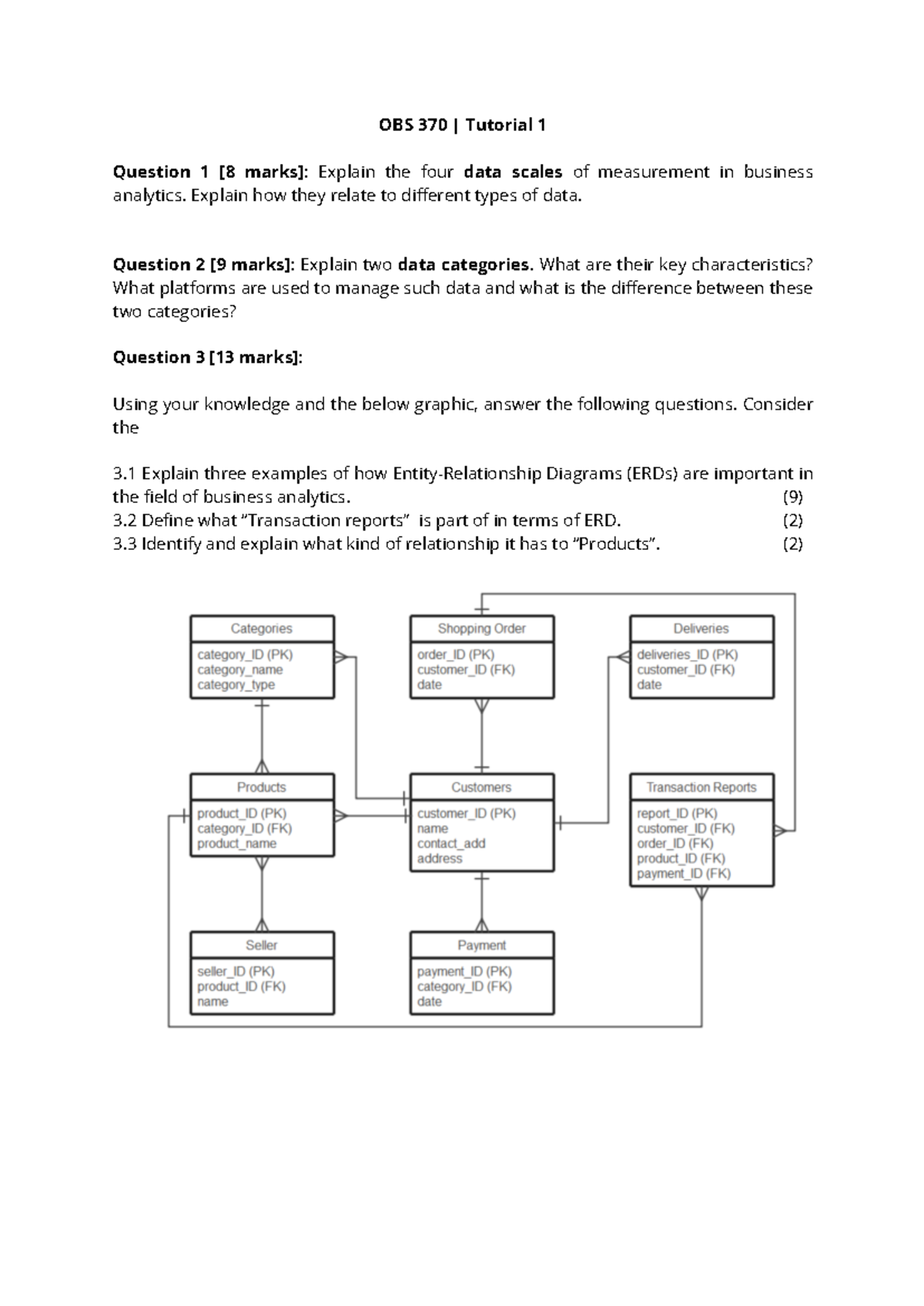 OBS 370 Tutorial 1 and 2 - OBS 370 | Tutorial 1 Question 1 [ 8 marks]: Explain the four data ...