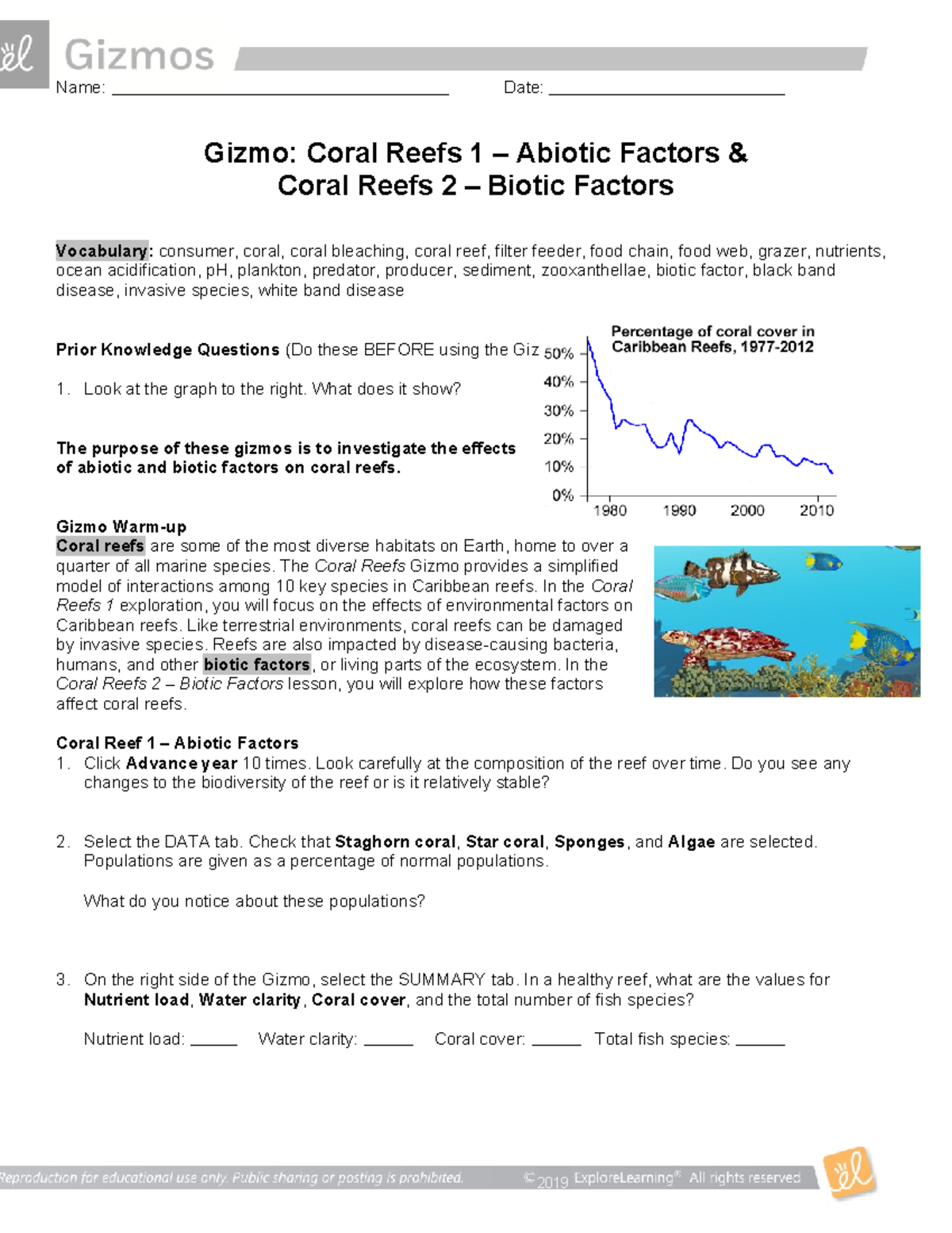 Coral reef 1 & 2 - Name: Date: Gizmo: Coral Reefs 1 – Abiotic Factors ...