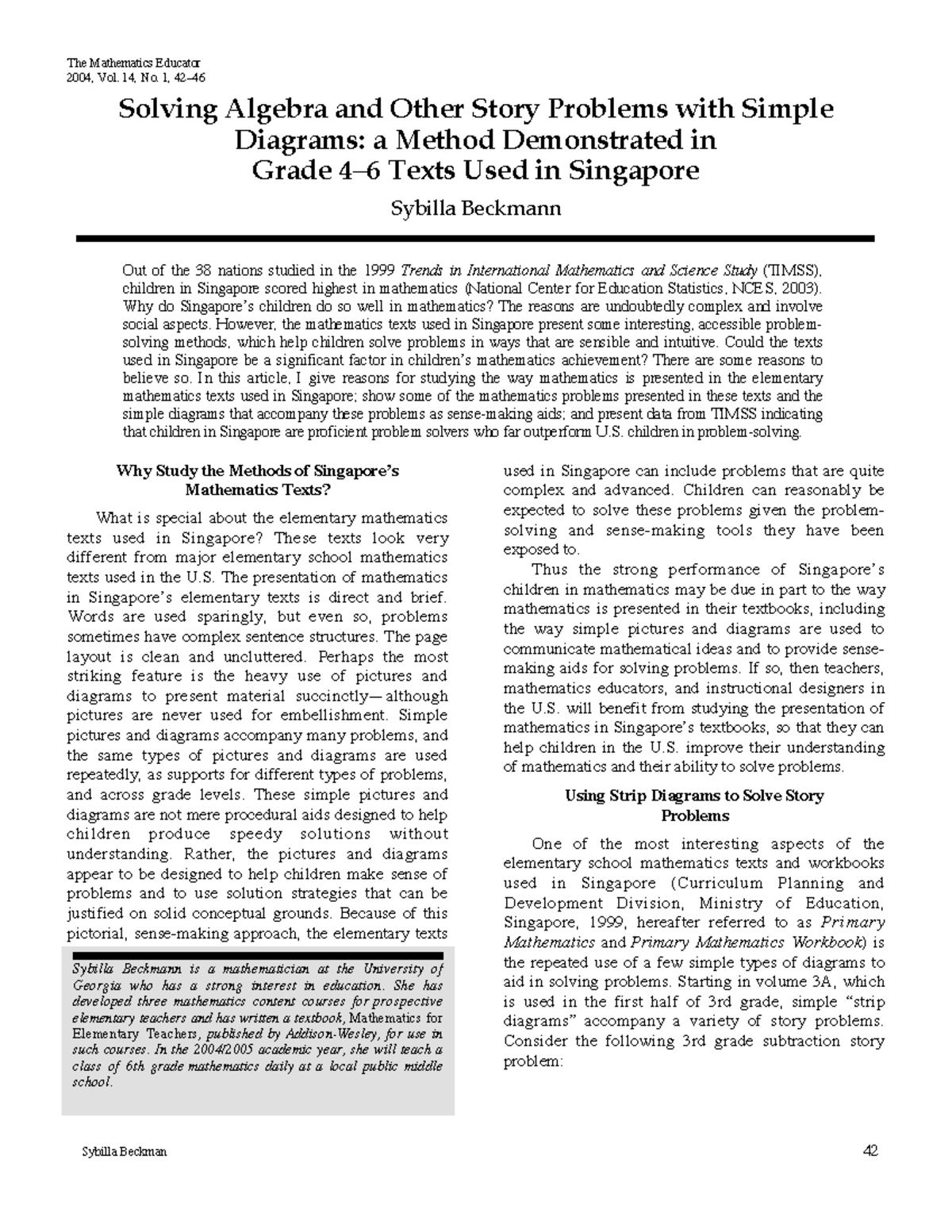 2014 8420 Singapore Math Algebra in Elementary Beckmann 2004 - The ...