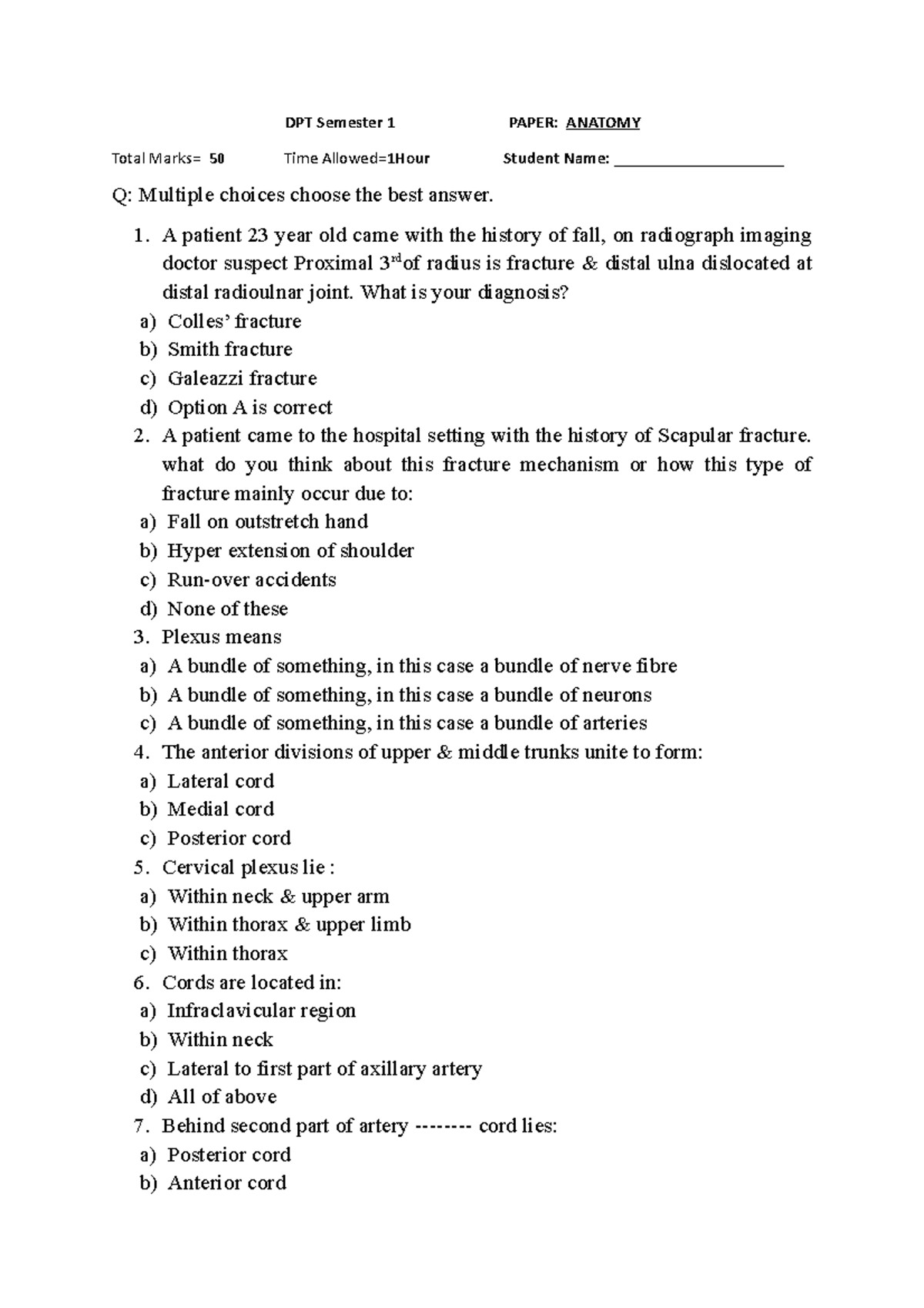 1st YAnatomy Final - mcqs 1st semester anatomy - DPT Semester 1 PAPER ...