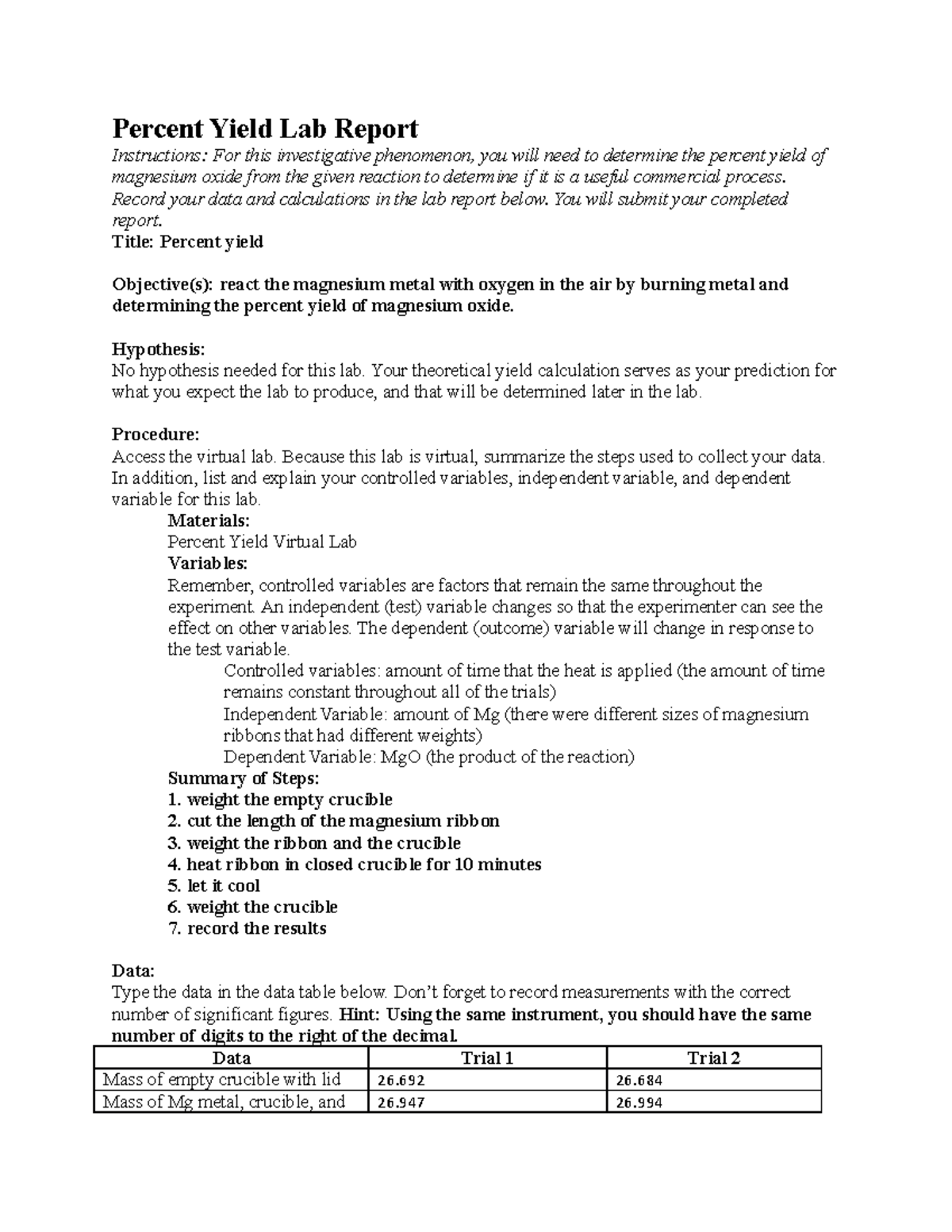 05 06 lab report-1 - English. - Percent Yield Lab Report Instructions ...