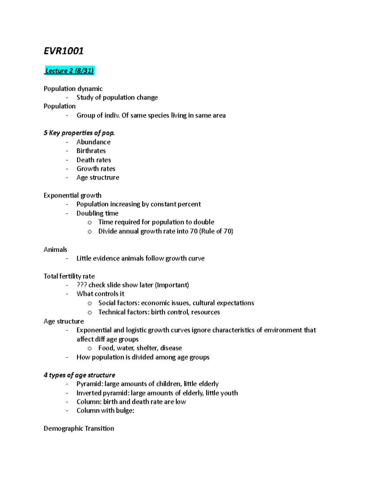 Environmental notes - EVR Lecture 2 (8/31) Population dynamic - Study ...