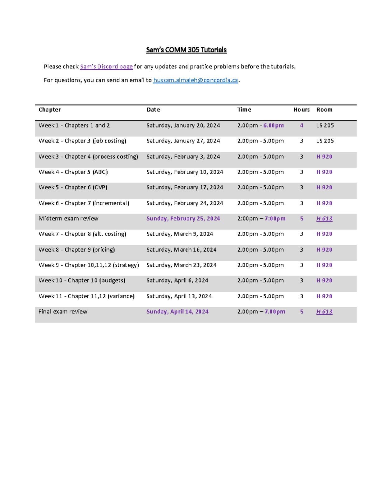 Sam Tutorial Schedule winter 2024 - Sam’s COMM 305 Tutorials Please check Sam’s Discord page for ...