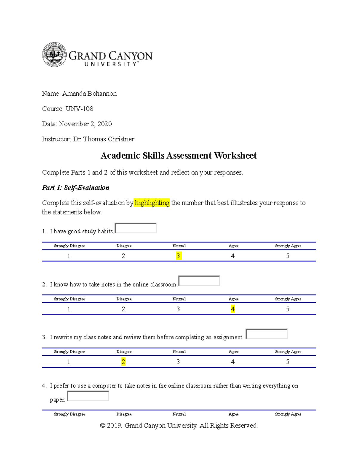 Academic Skills Assessment Worksheet - Name: Amanda Bohannon Course ...