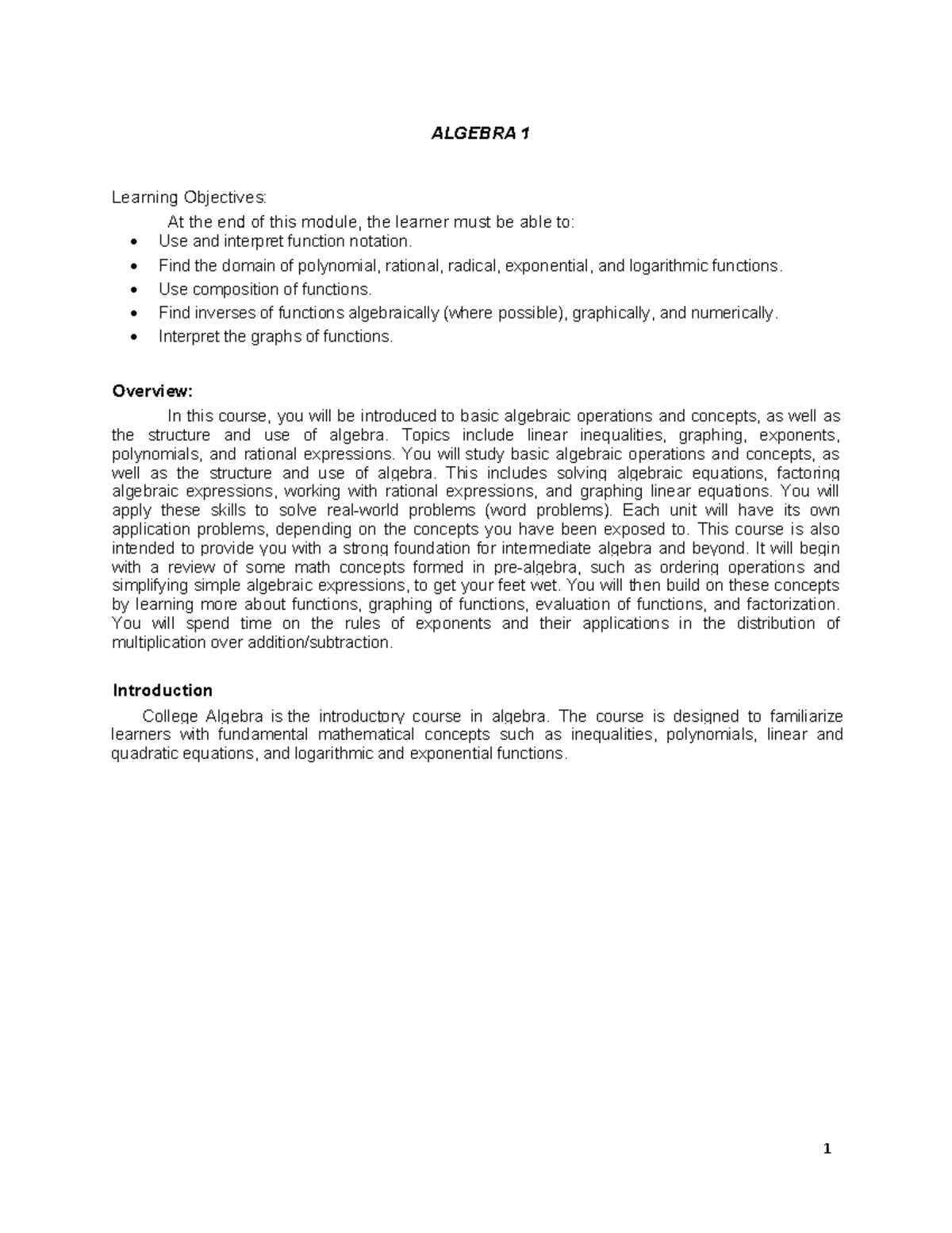 Basic Calculus Module 1 Algebra I - ALGEBRA 1 Learning Objectives: At ...
