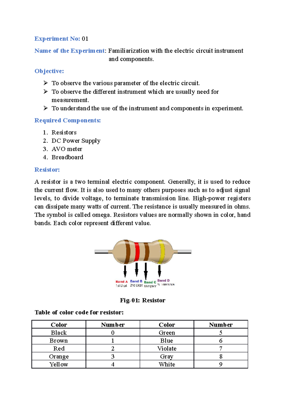 Lab Report 1 Familiarization With The Electric Circuit Instrument And Components Experiment