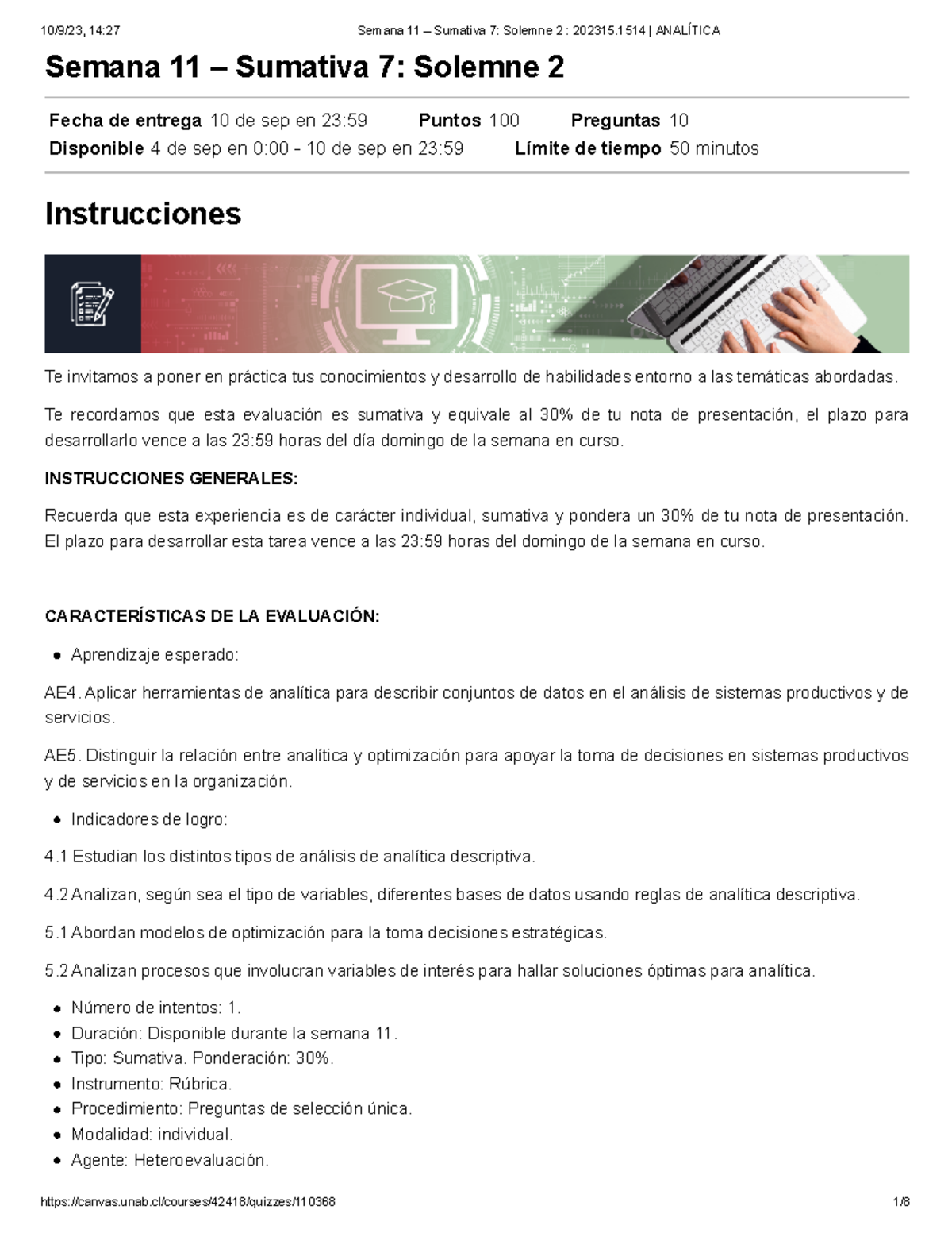 Semana 11 – Sumativa 7 Solemne 2 202315.1514 Analítica - Semana 11 – Sumativa 7: Solemne 2 Fecha ...