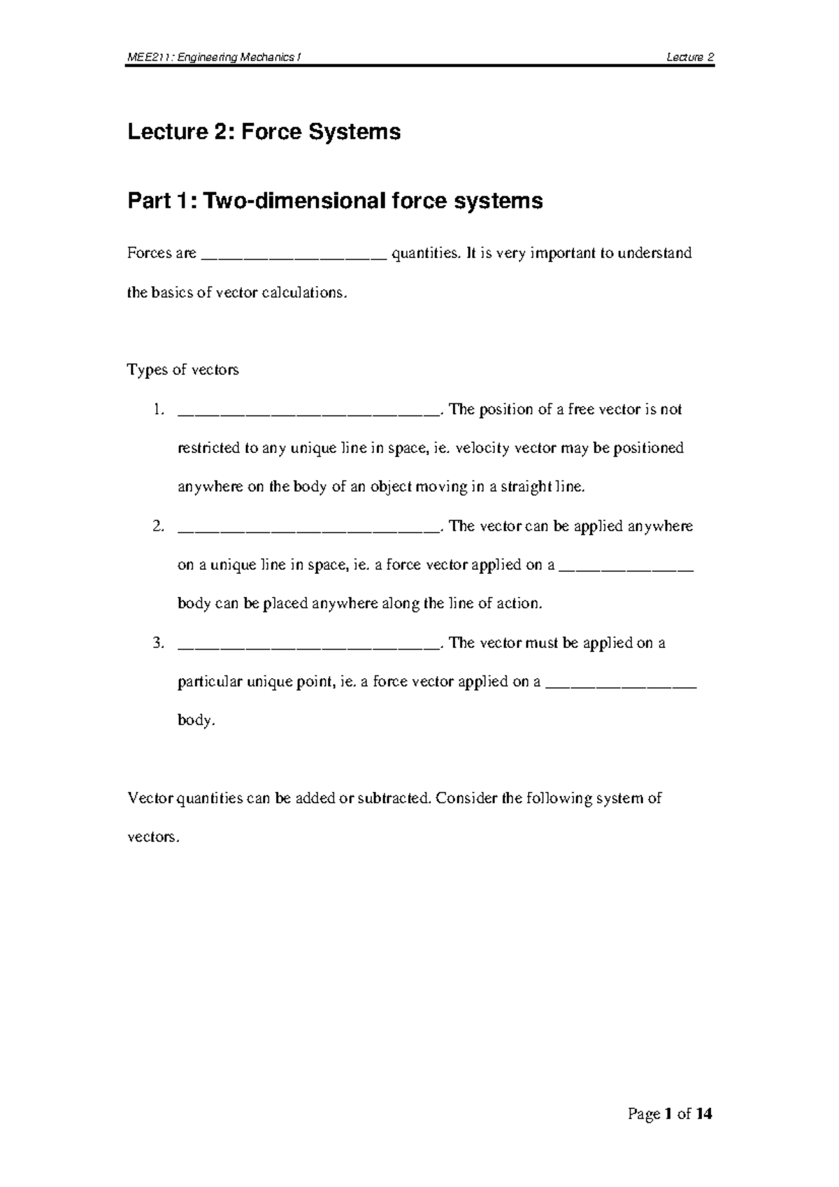 MEE211 Handouts 02 - Lecture notes 2 - MEE211: Engineering Mechanics I ...