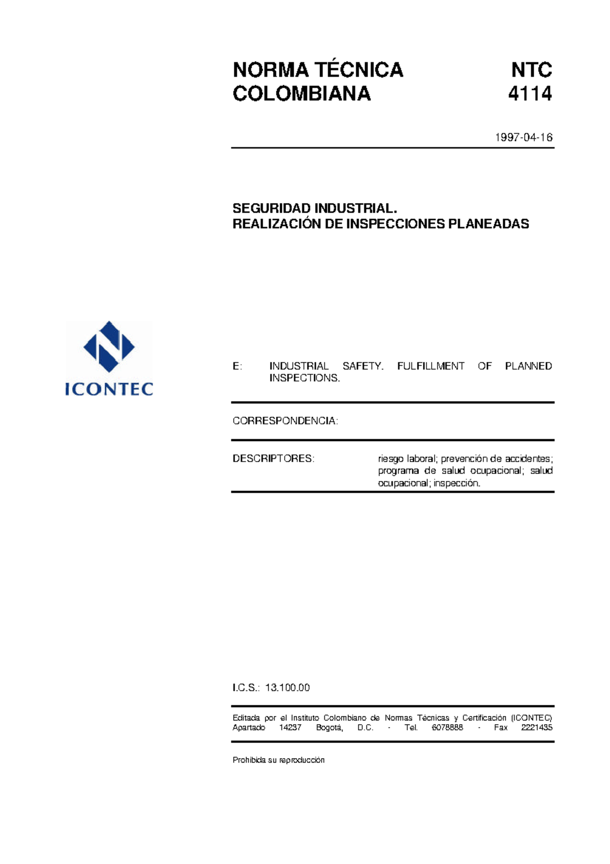 NTC4114 Inspecciones Planeadas - NORMA TÉCNICA COLOMBIANA NTC 4114 ...