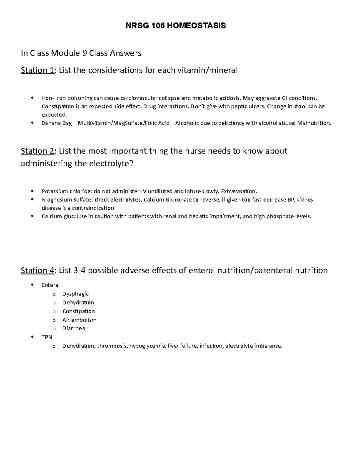 asdasdasdasdsad - NRSG 106 HOMEOSTASIS In Class Module 9 Class Answers Station 1: List the - Studocu
