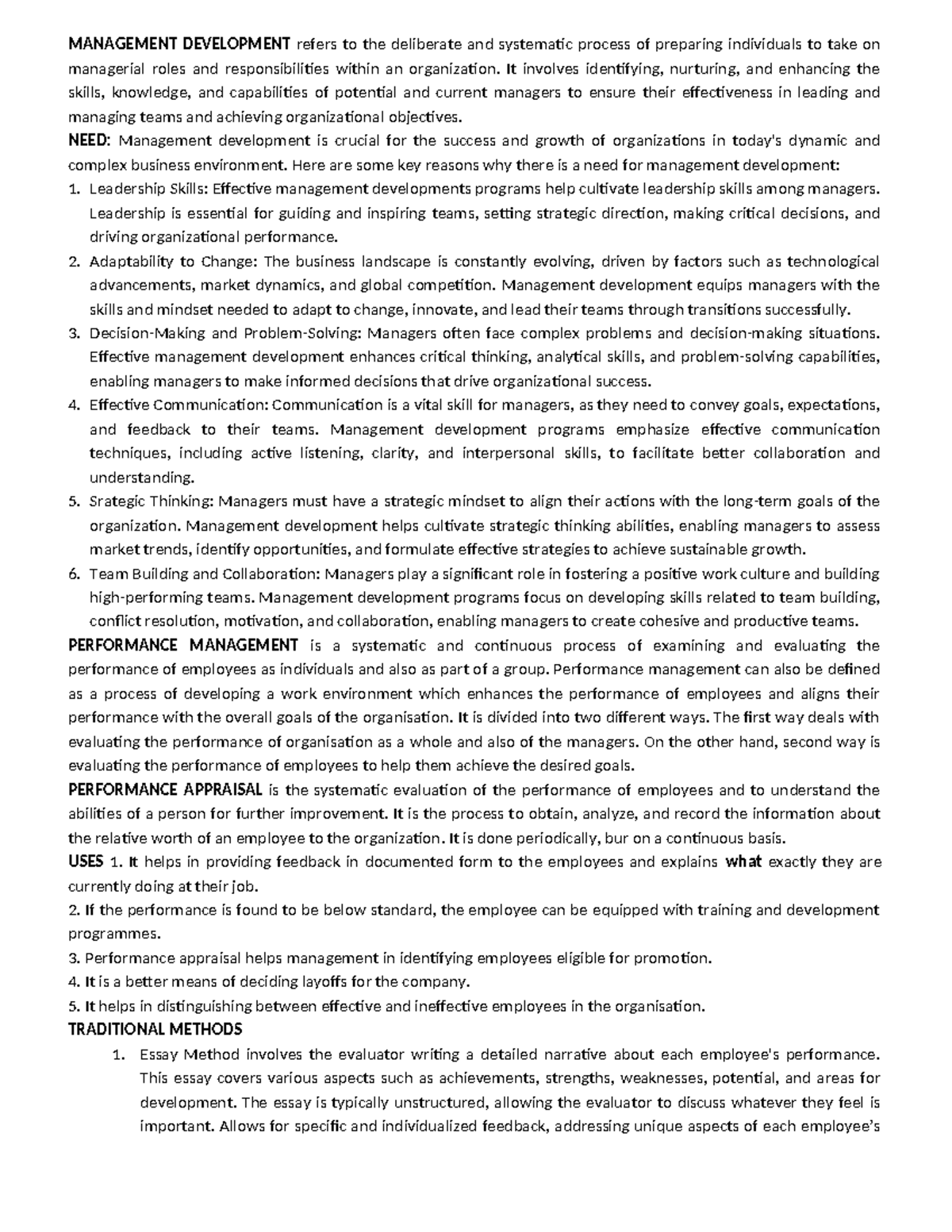 HRM Notes - MANAGEMENT DEVELOPMENT refers to the deliberate and ...