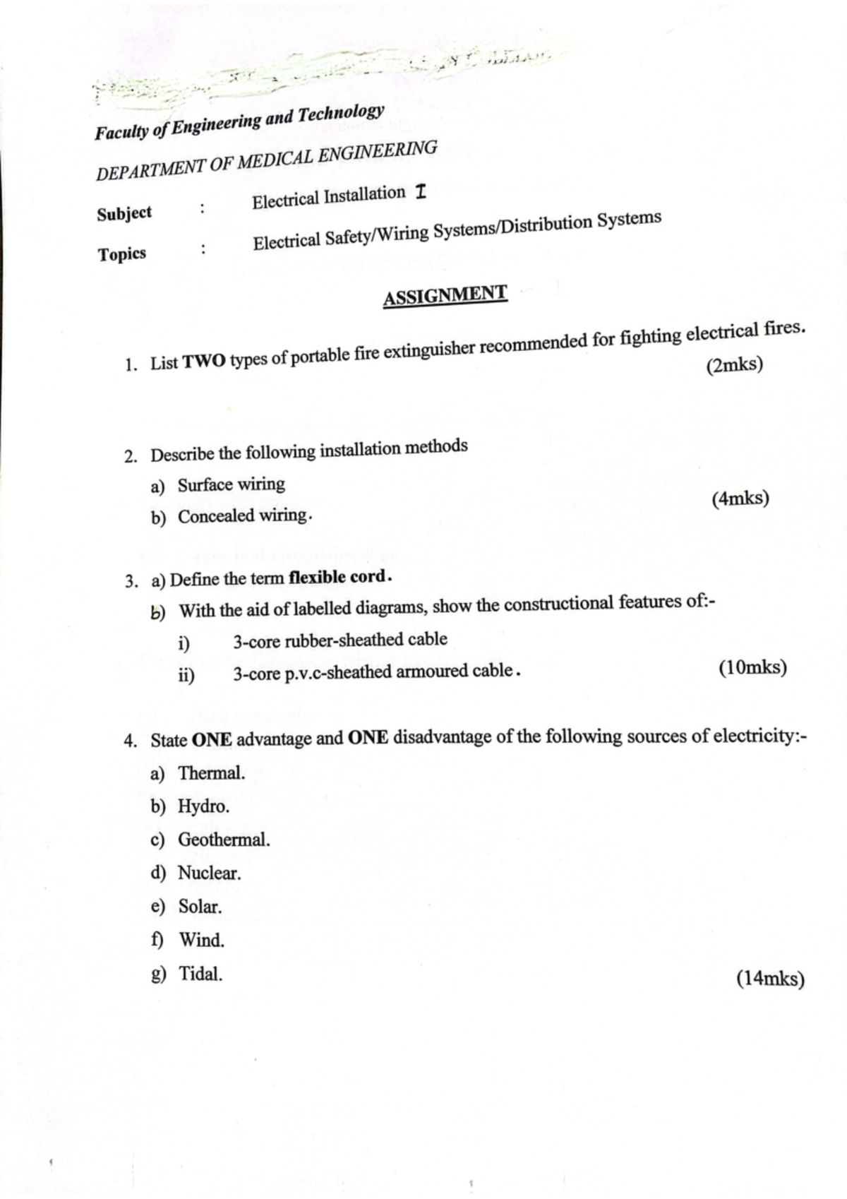 Electrical Installation (Assignment) - Electrical engineering - Studocu