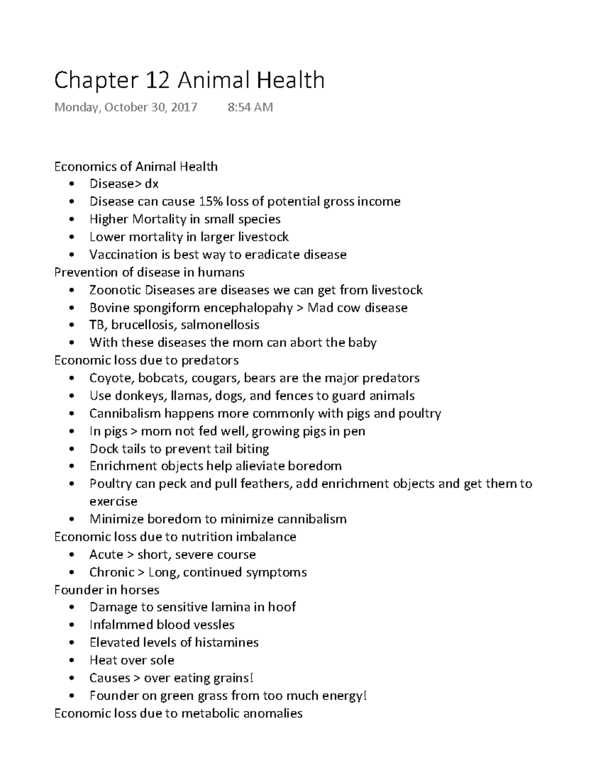 Chapter 12 Animal Health - Chapter 12 Animal Health Monday, October 30 ...