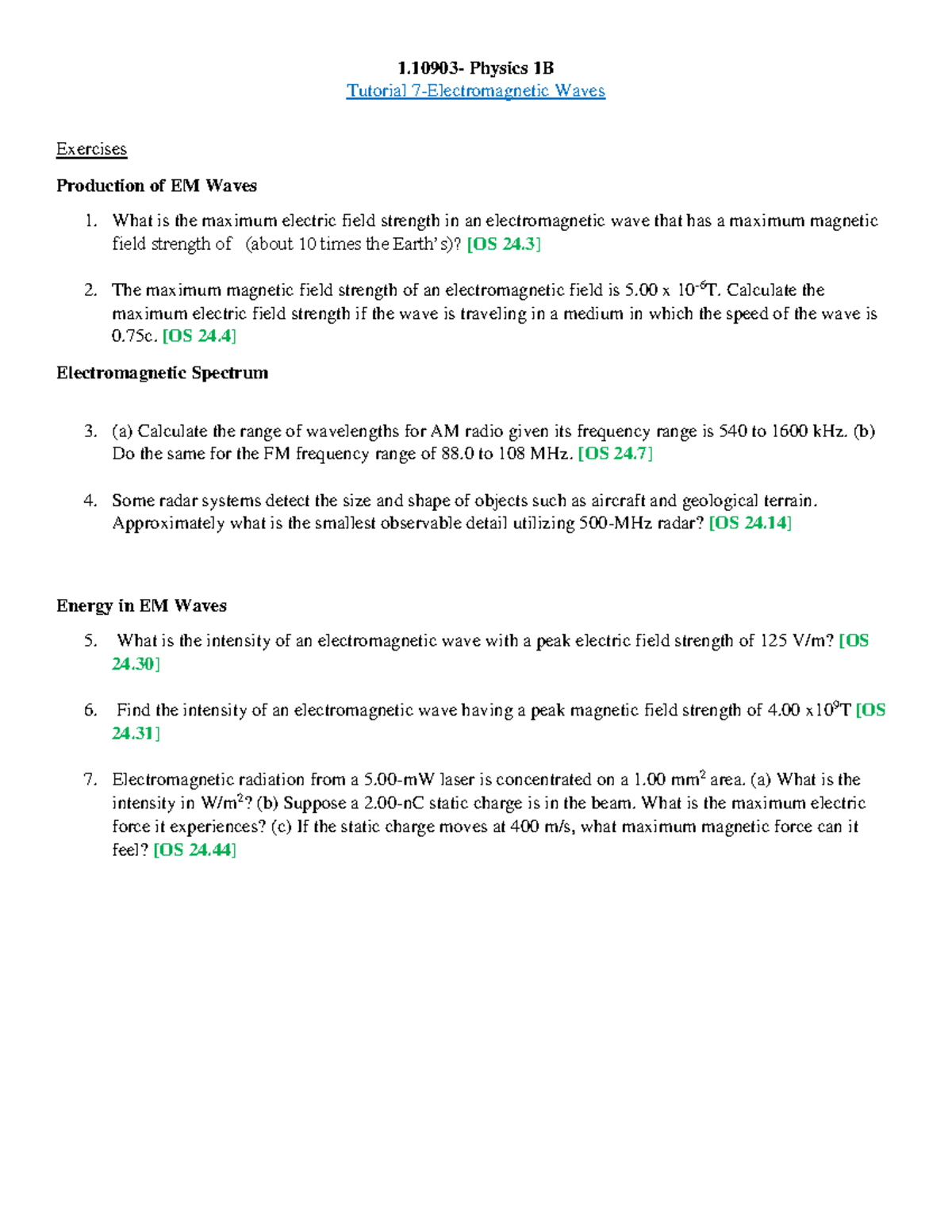 Tutorial 7 (Electromagnetic Waves) - 1- Physics 1B Tutorial 7 ...