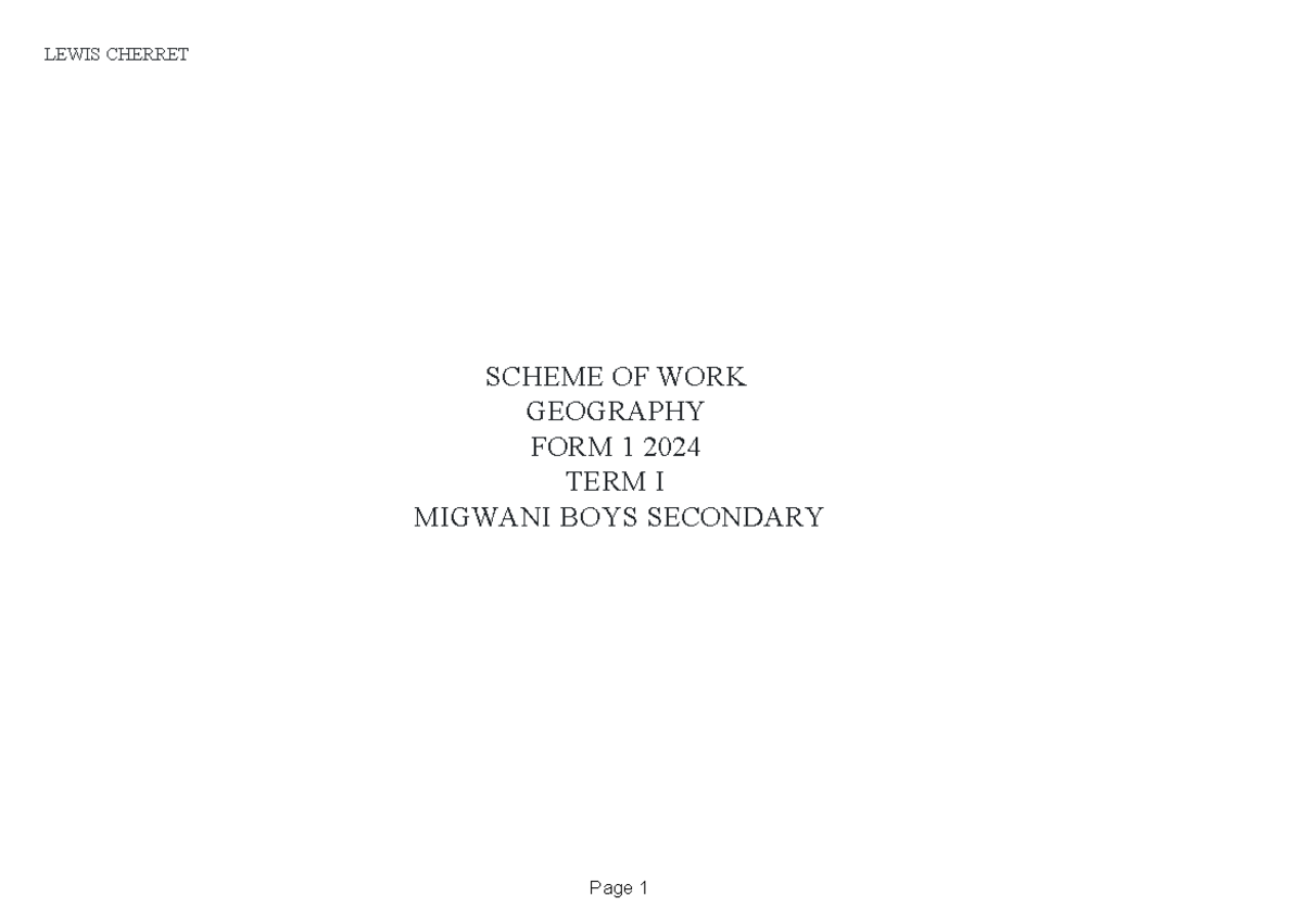 535416 Geography Form 1 Term-I - LEWIS CHERRET SCHEME OF WORK GEOGRAPHY ...