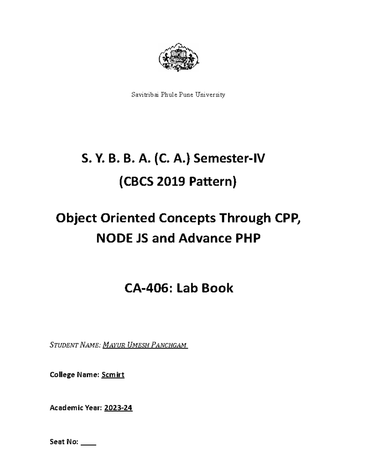 Sybba Ca Sem Iv Labbook 2019 Savitribai Phule Pune University S Y B B A C A Semester
