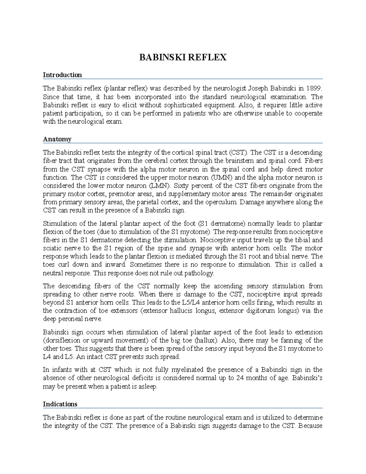 Babinski Reflex Written report - BABINSKI REFLEX Introduction The ...