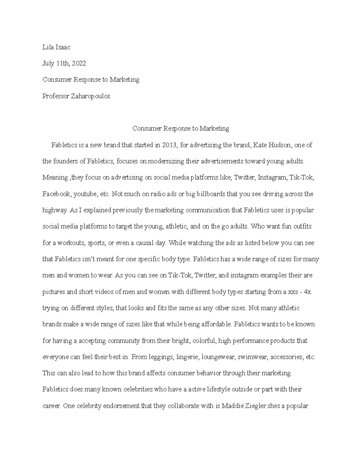 Consumer Response to Marketing - Lila Isaac - Lila Isaac July 11th ...