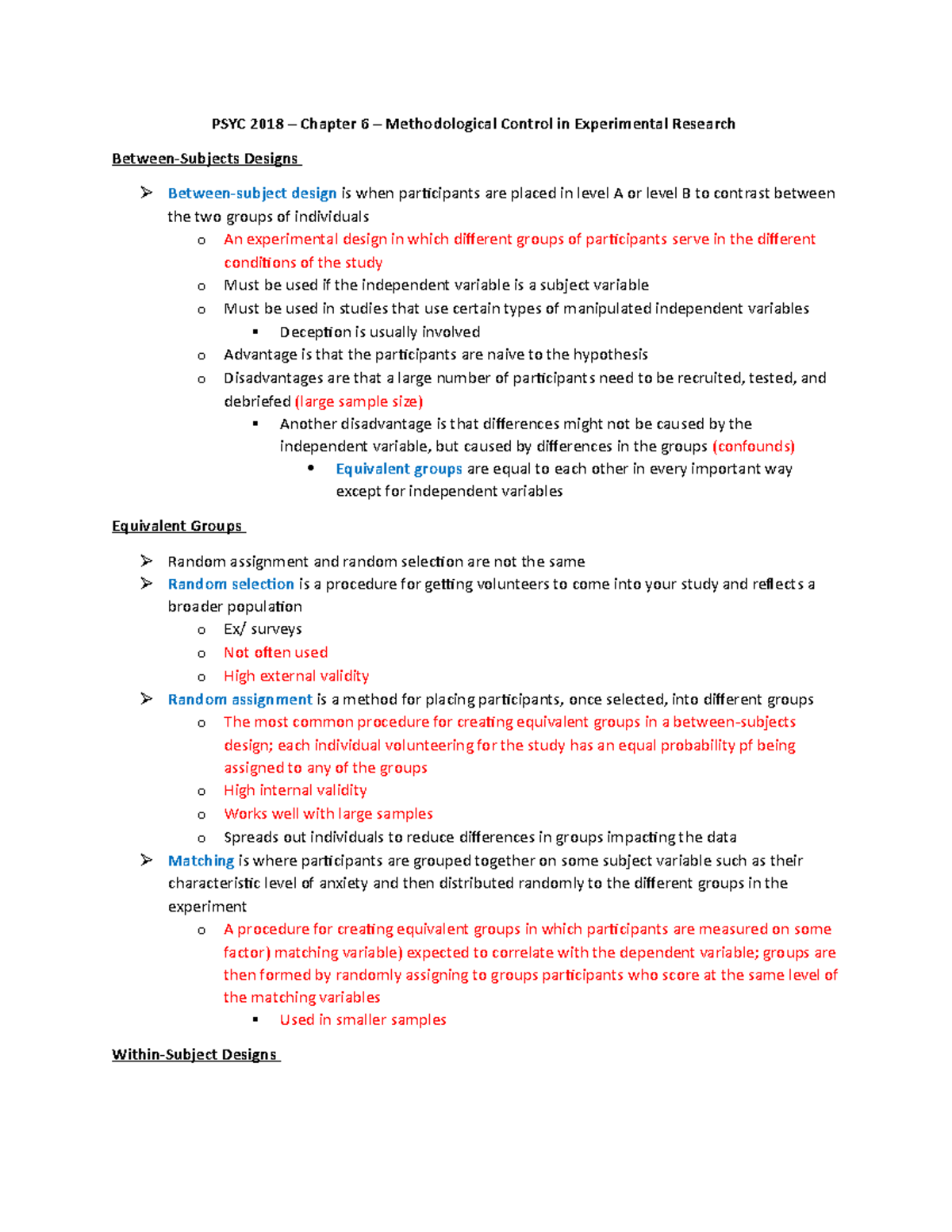 PSYC 2018 – Chapter 6 – Methodological Control in Experimental Research - PSYC 2018 – Chapter 6 ...