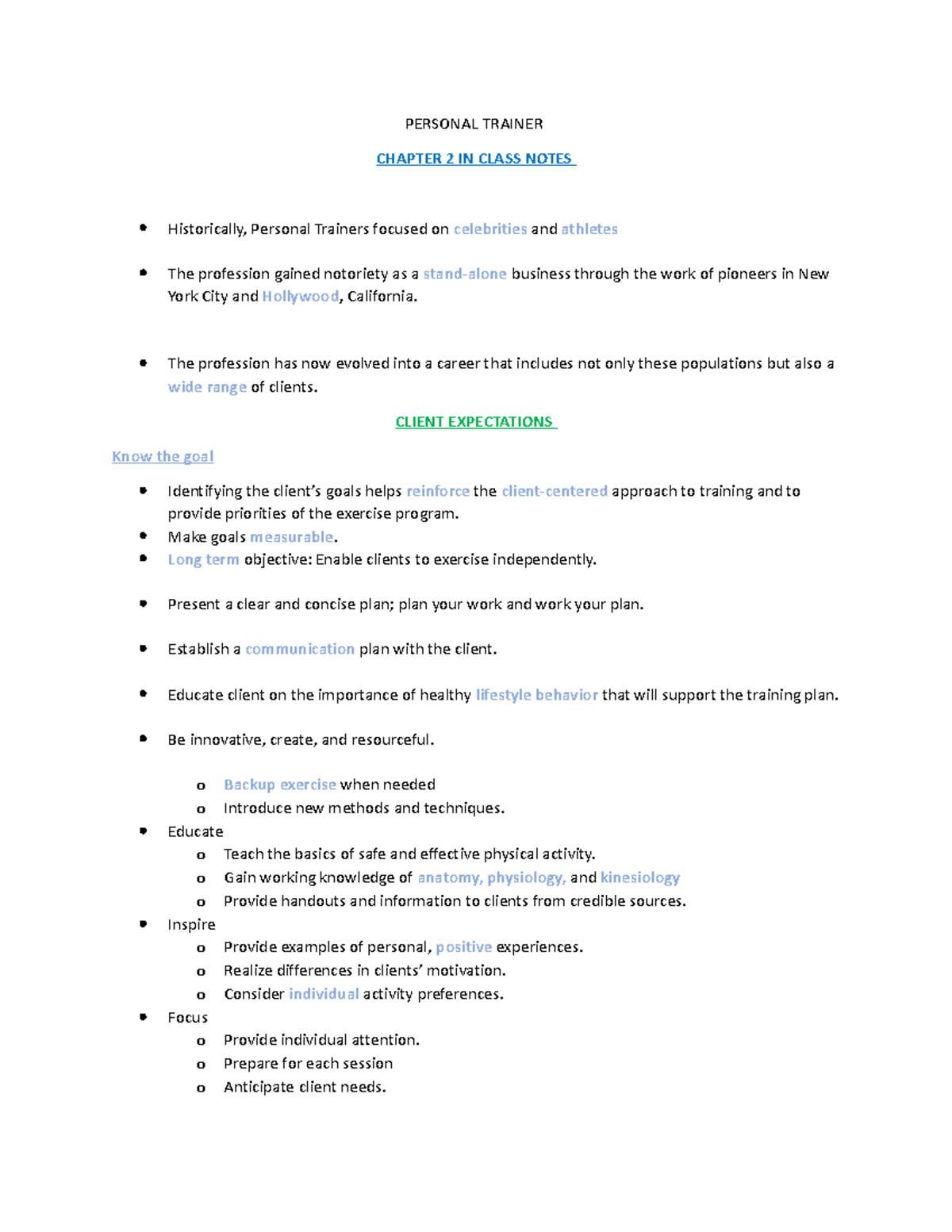 Chapter 2 notes - PERSONAL TRAINER CHAPTER 2 IN CLASS NOTES ...