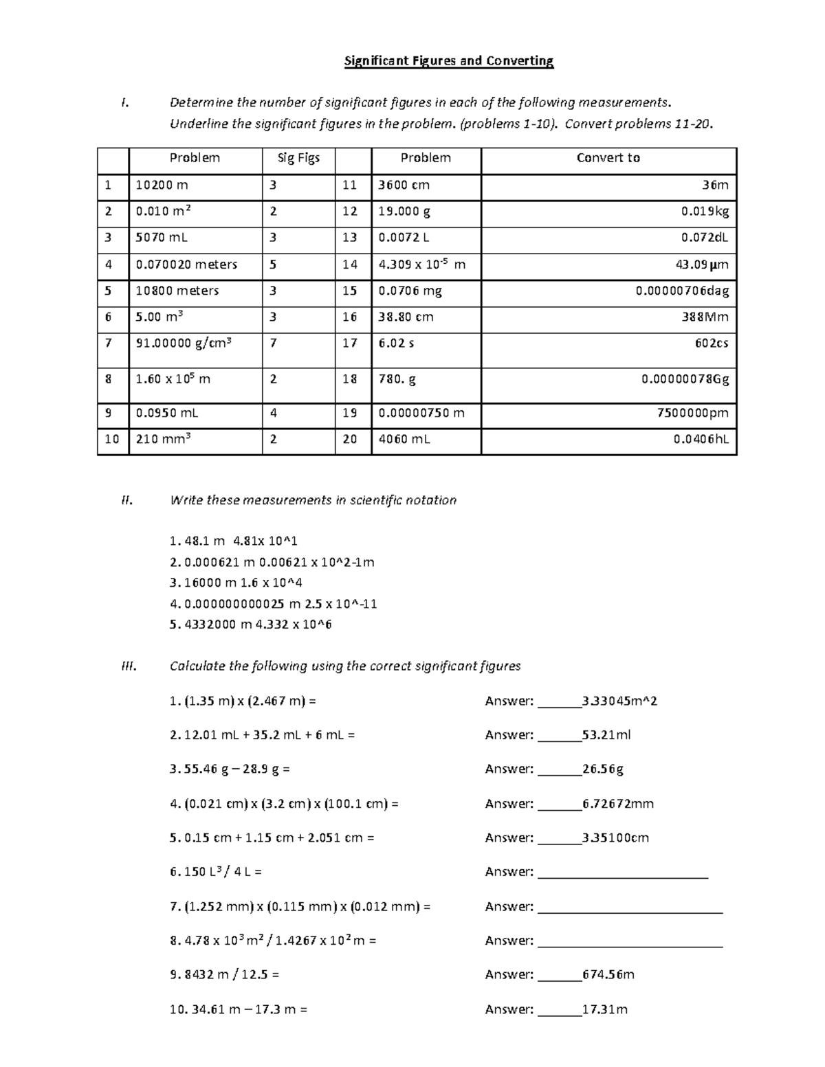 Sig. Fig. Worksheet - Significant Figures and Converting I. Determine ...